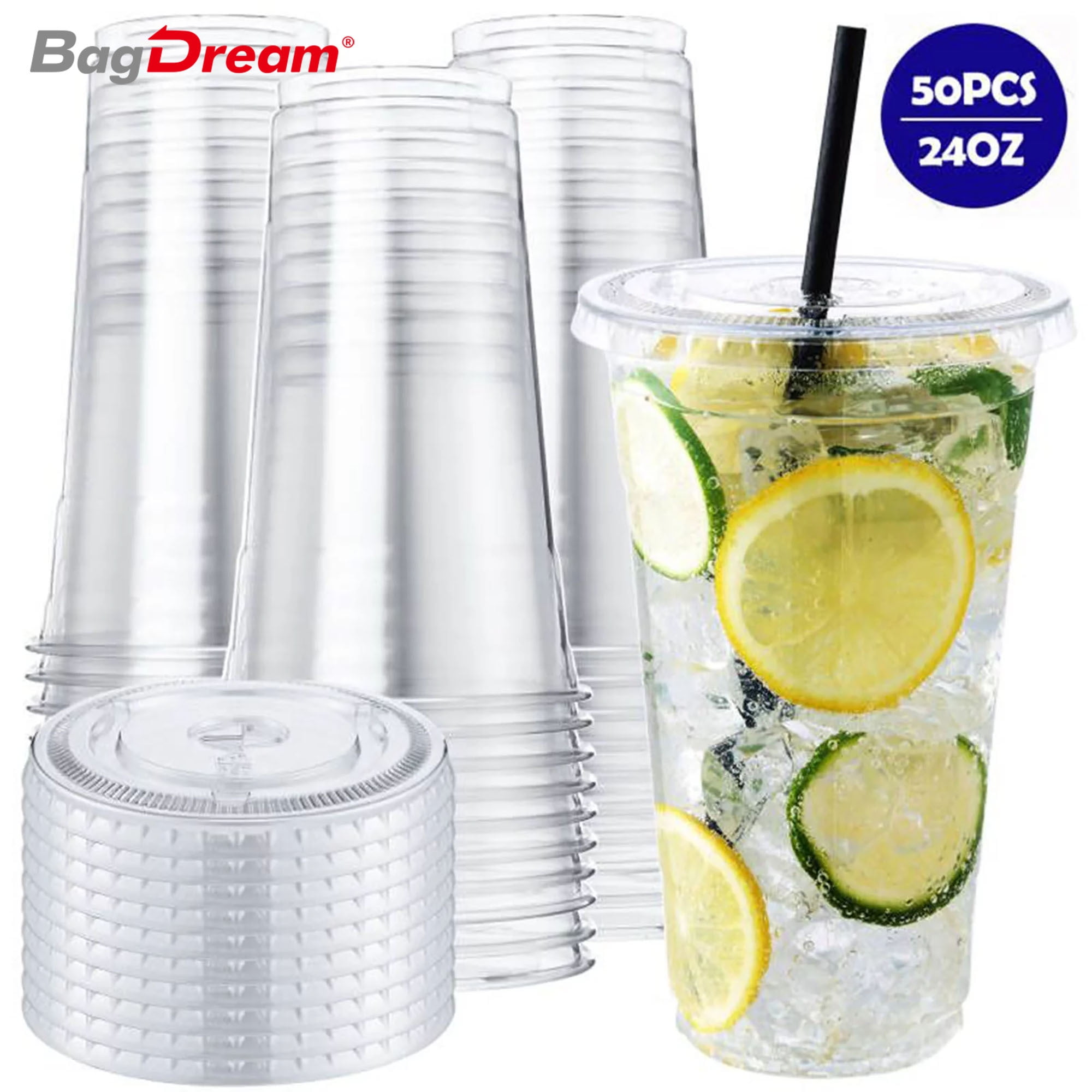 BagDream Bulk Pack of 50, 24 oz Clear Plastic Cups with Flat Lids ...