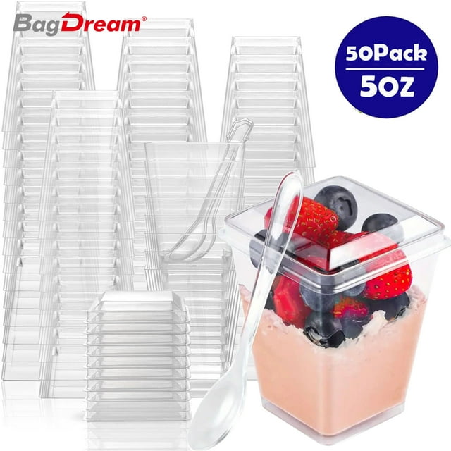 BagDream 50 Pack 5 oz Plastic Dessert Cups with Lids and Spoons, Mini ...