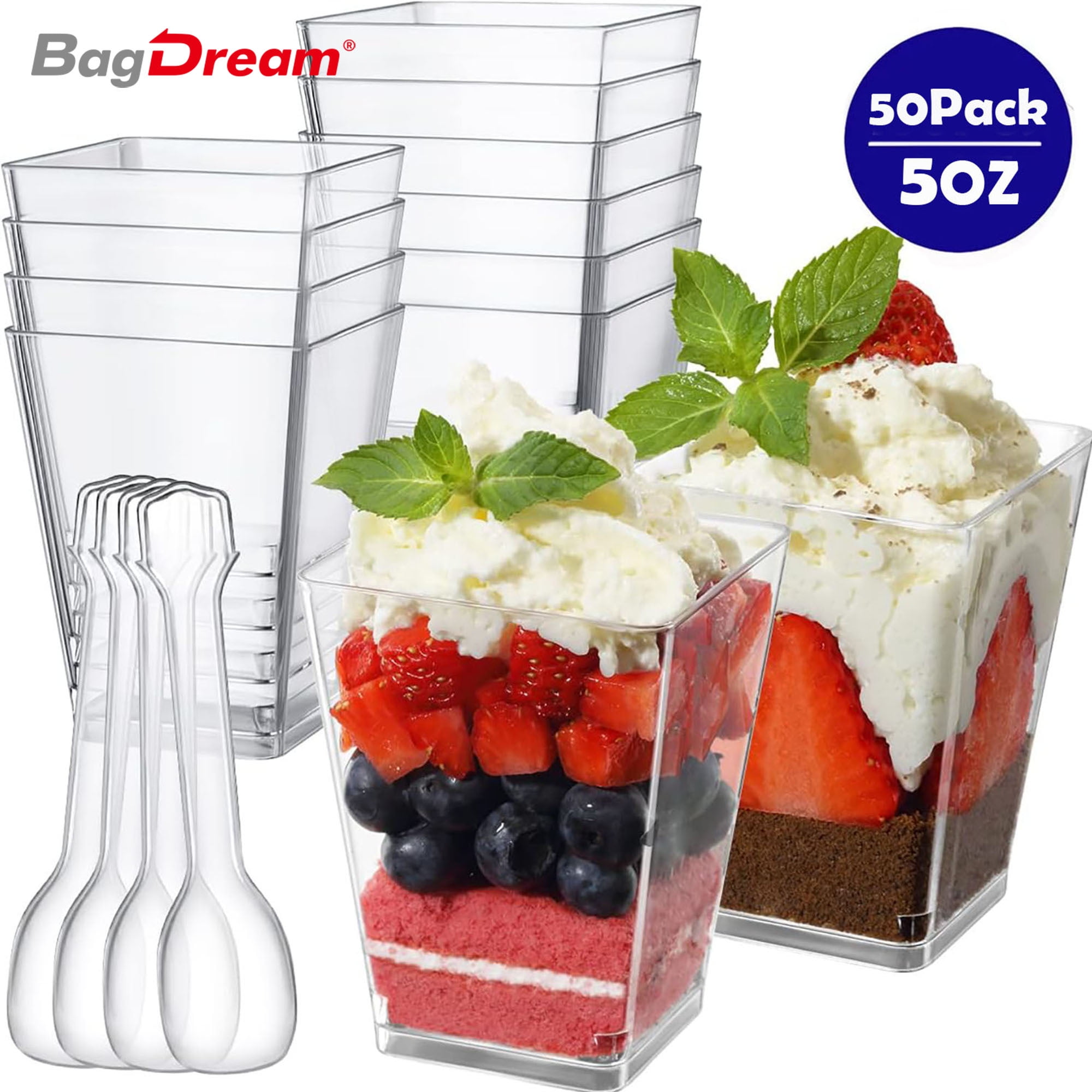 BagDream 50-Pack 5oz Small Disposable Square Parfait Cups with Spoons ...