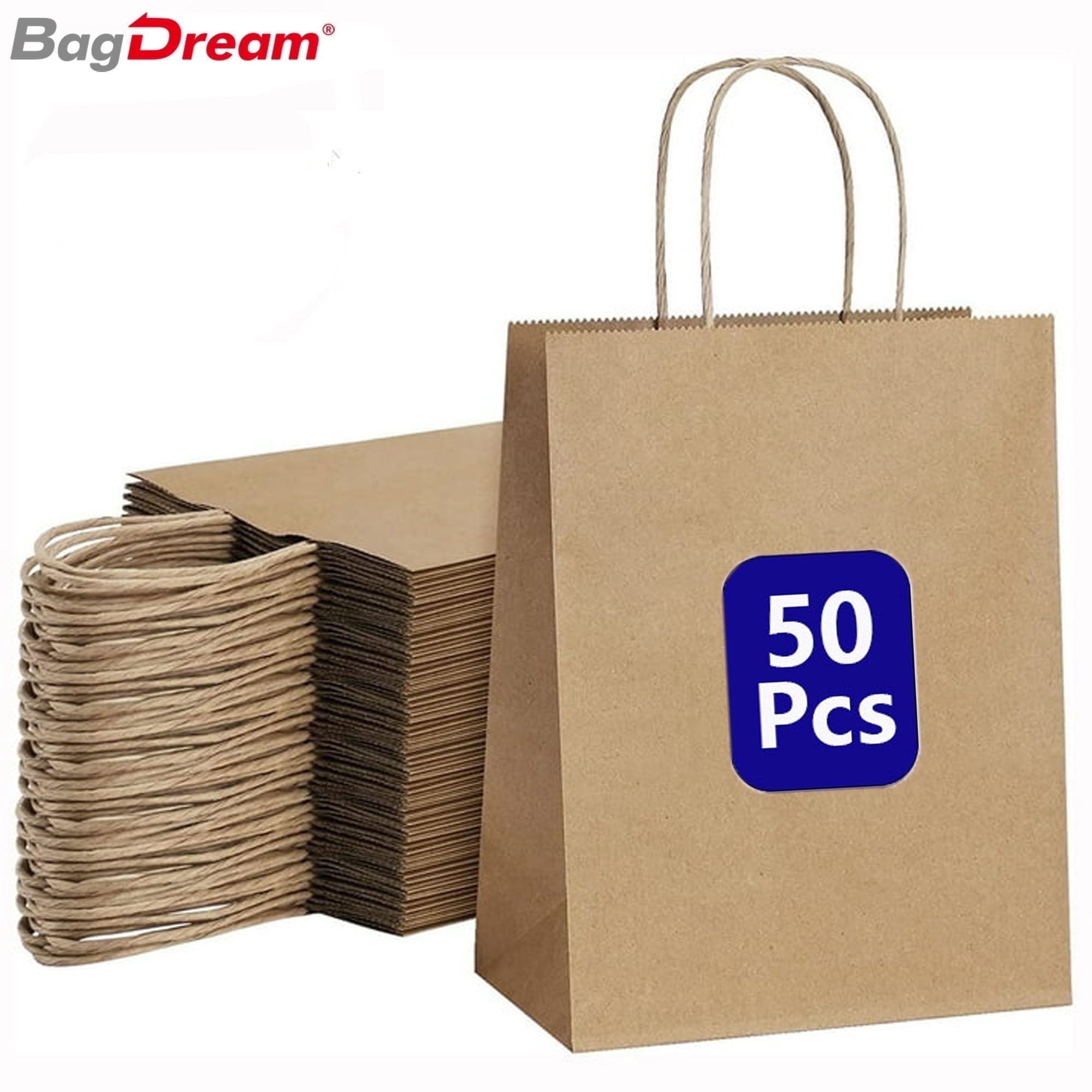 BagDream Bulk 50 Pack Recyclable Brown Kraft Paper Gift Bags with ...