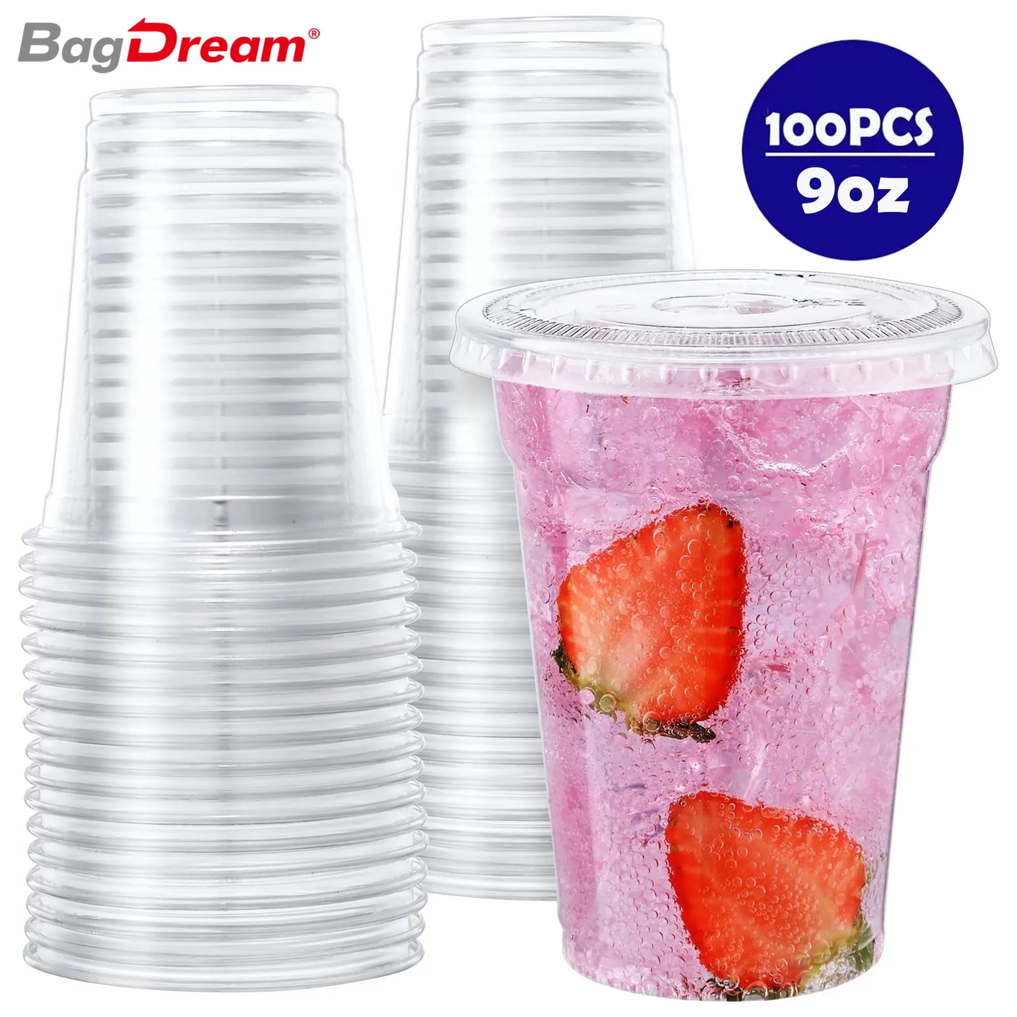 BagDream 100 Sets of 9 oz Disposable Clear Plastic Cups with Lids ...