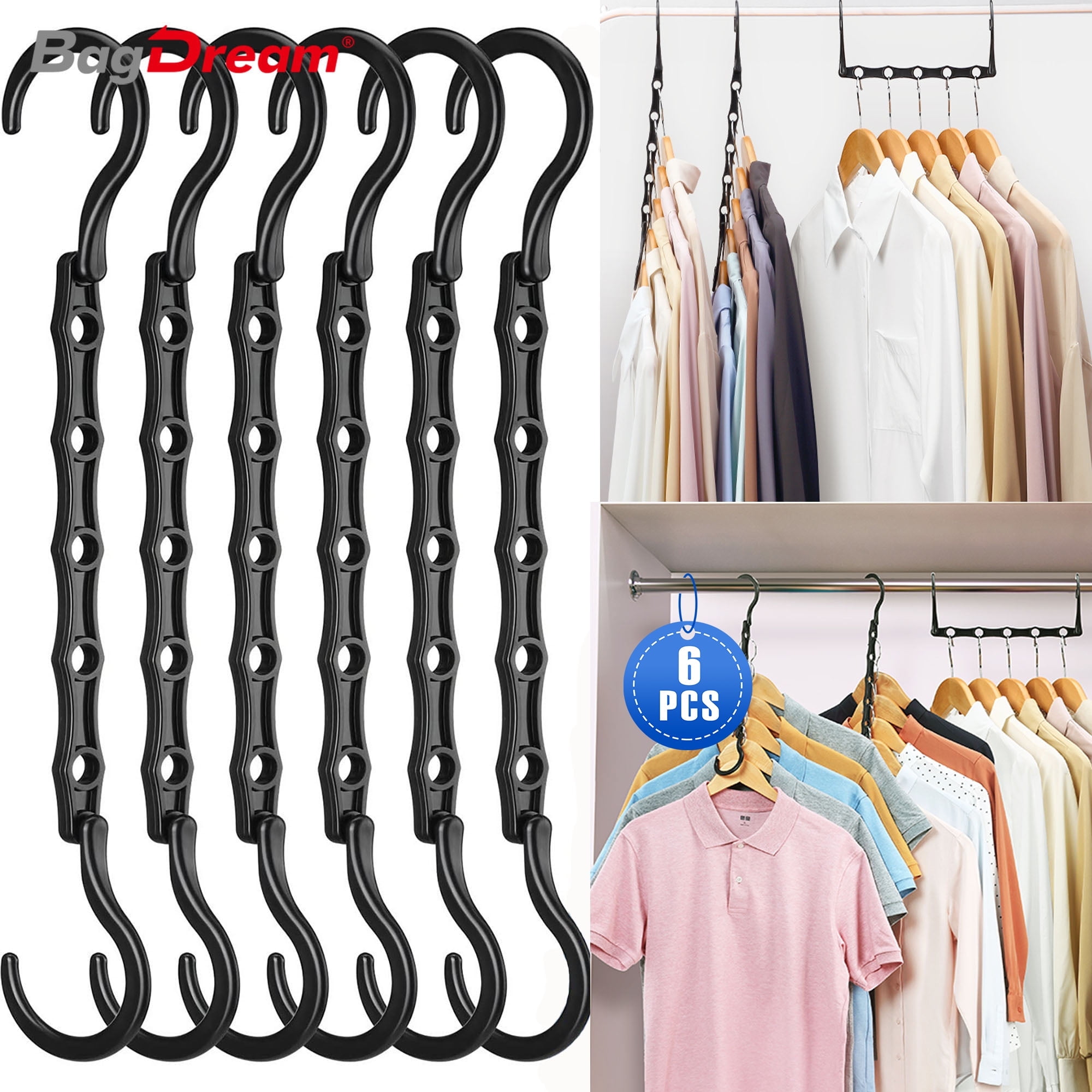 BagDream 6 Pack Space Saving Magic Hangers, Sturdy Plastic Closet ...