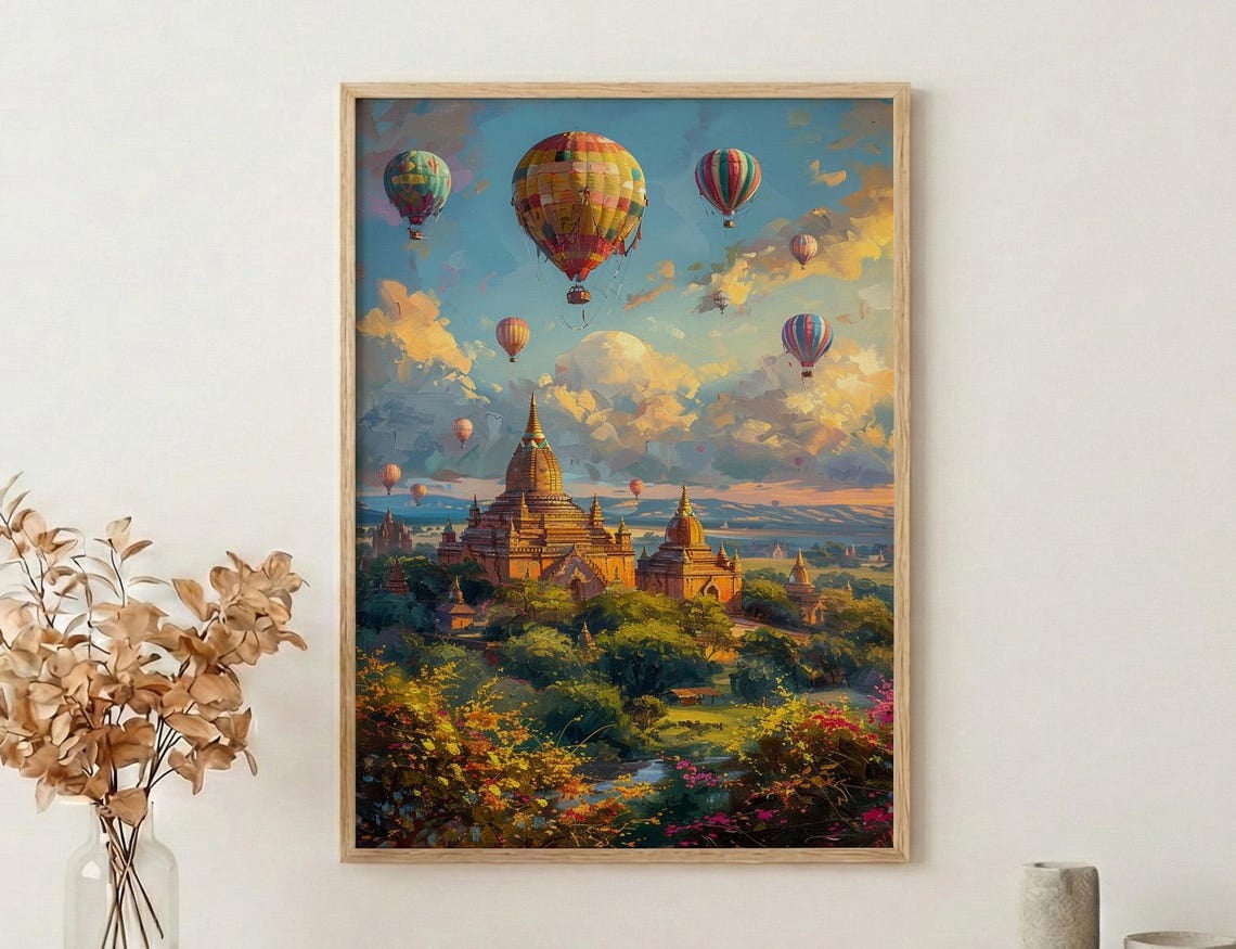Bagan Hot Air Balloon Ancient Temple Spring Textured Impasto, Unframed ...