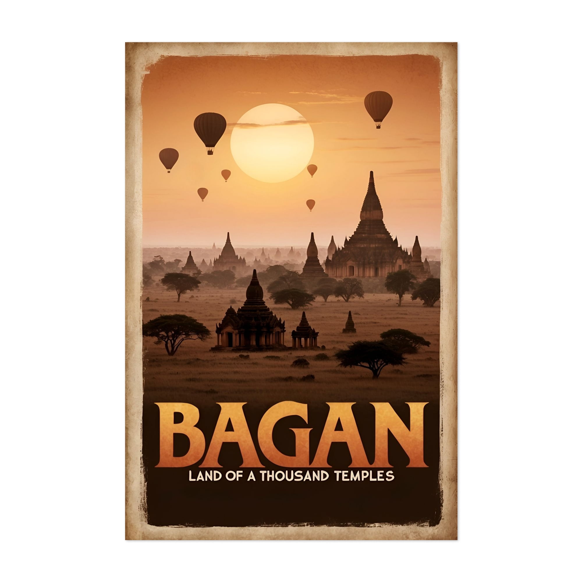 Bagan Travel Poster: Land of a Thousand Temples - Old Bagan Mandalay ...