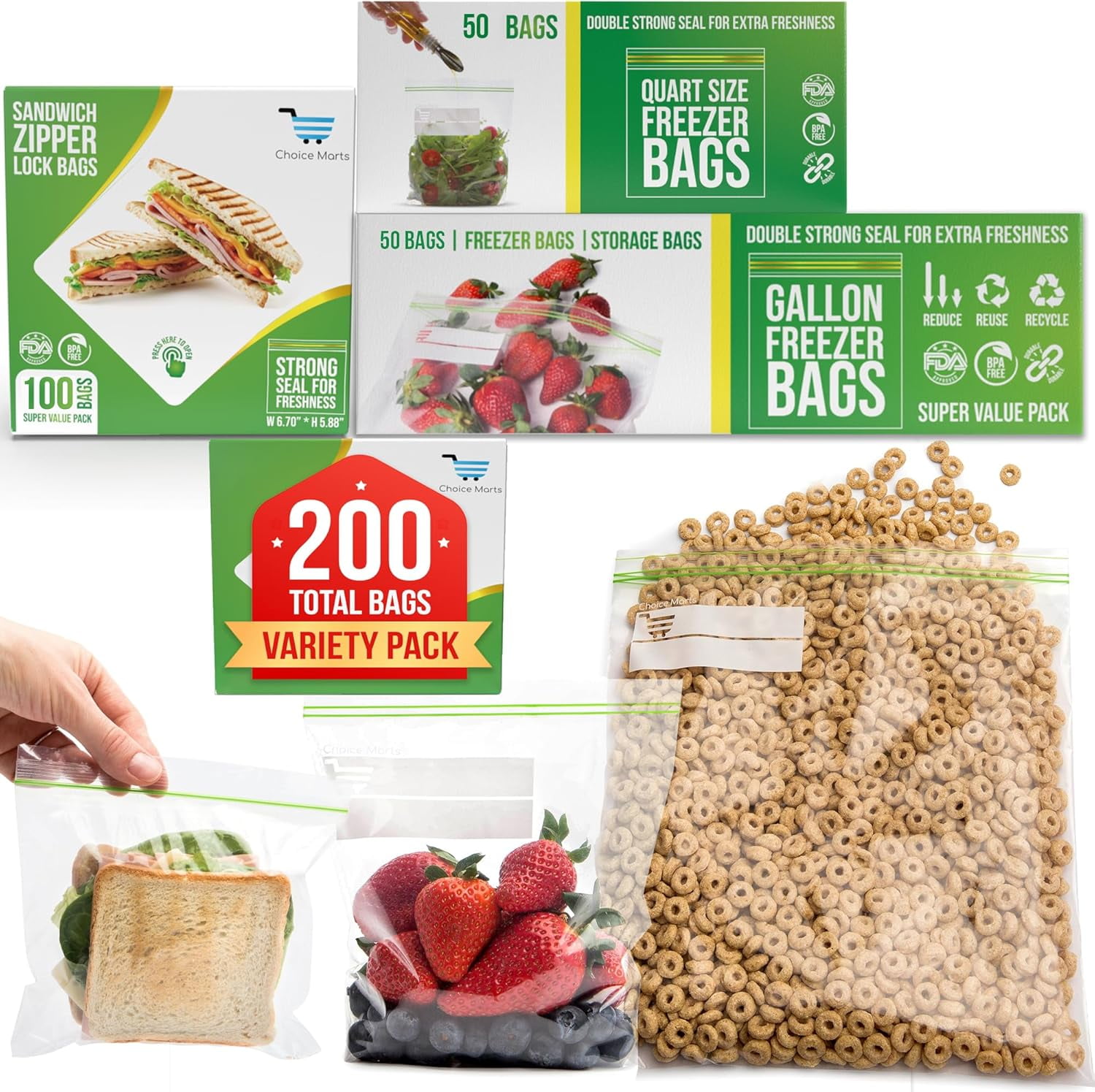 Baggies Variety Size Pack - 200 Count Variety Pack with 50 Gallon 50 ...