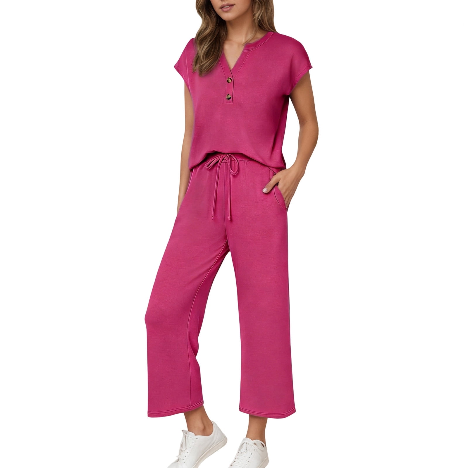 Baggy 2 Piece Sets for Women Summer Travel Vacation Outfits V Neck ...