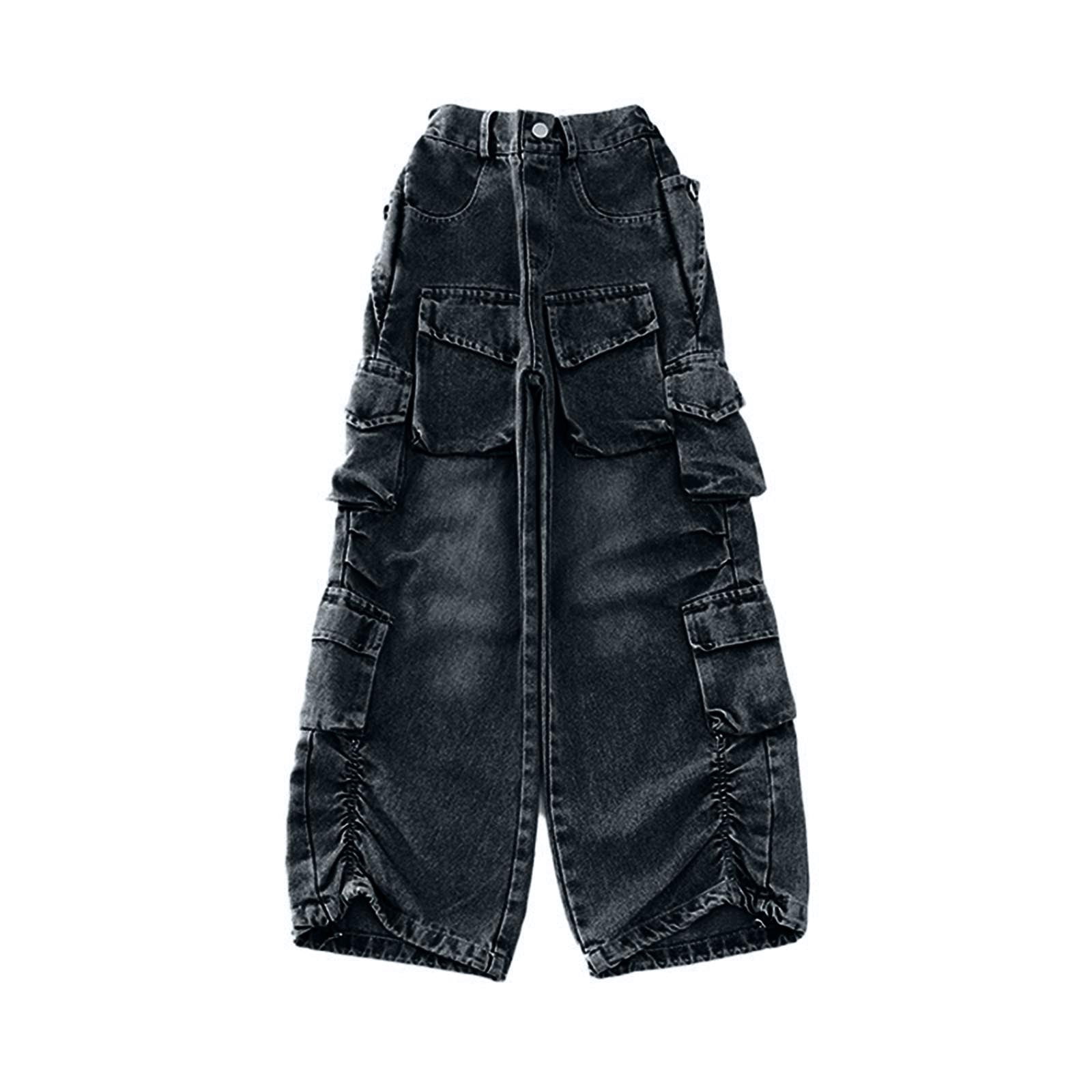 Baggy Cargo Jean Pants for Girls Wide Leg Denim Jeans Elastic Waist ...