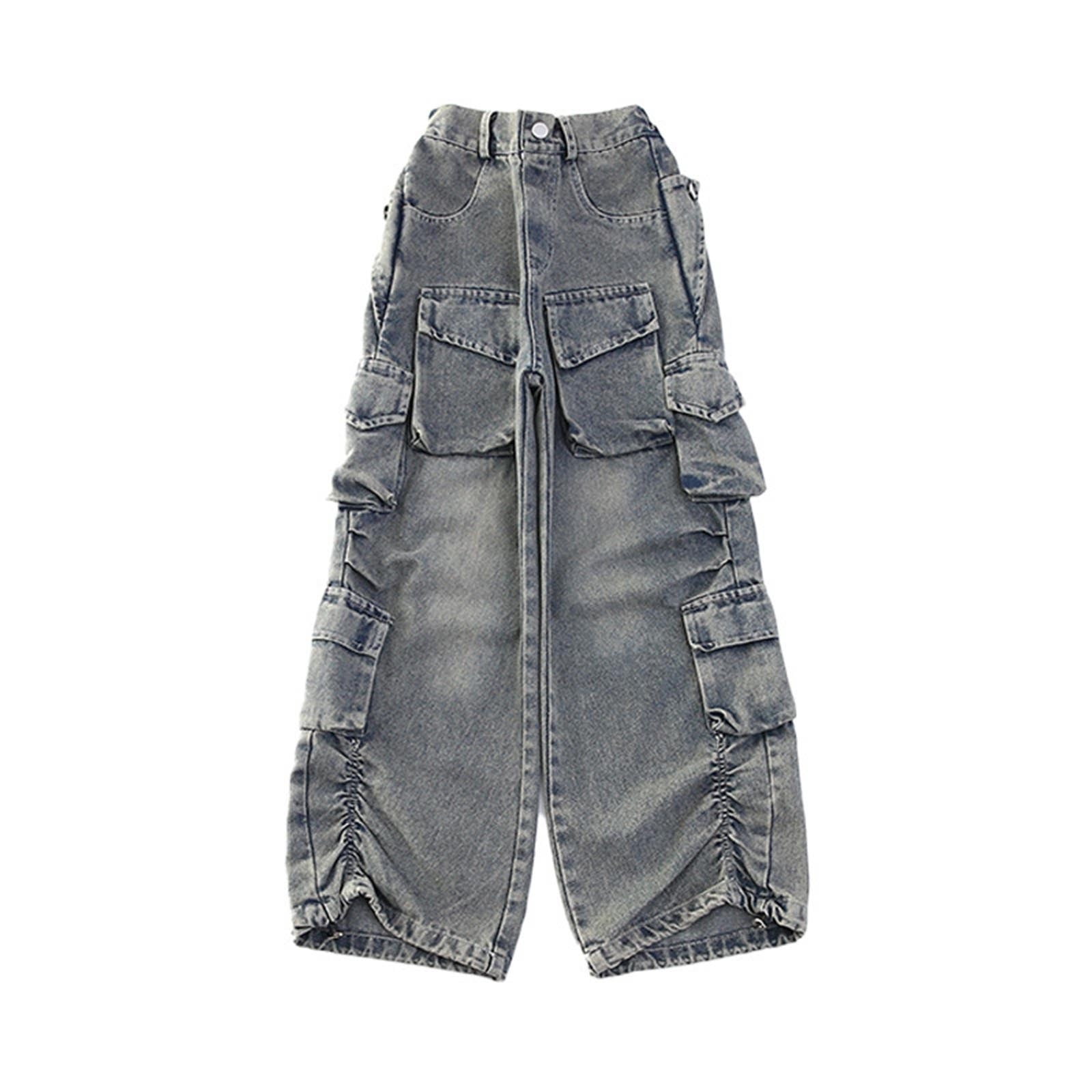 Baggy Cargo Jean Pants for Girls Wide Leg Denim Jeans Elastic Waist ...