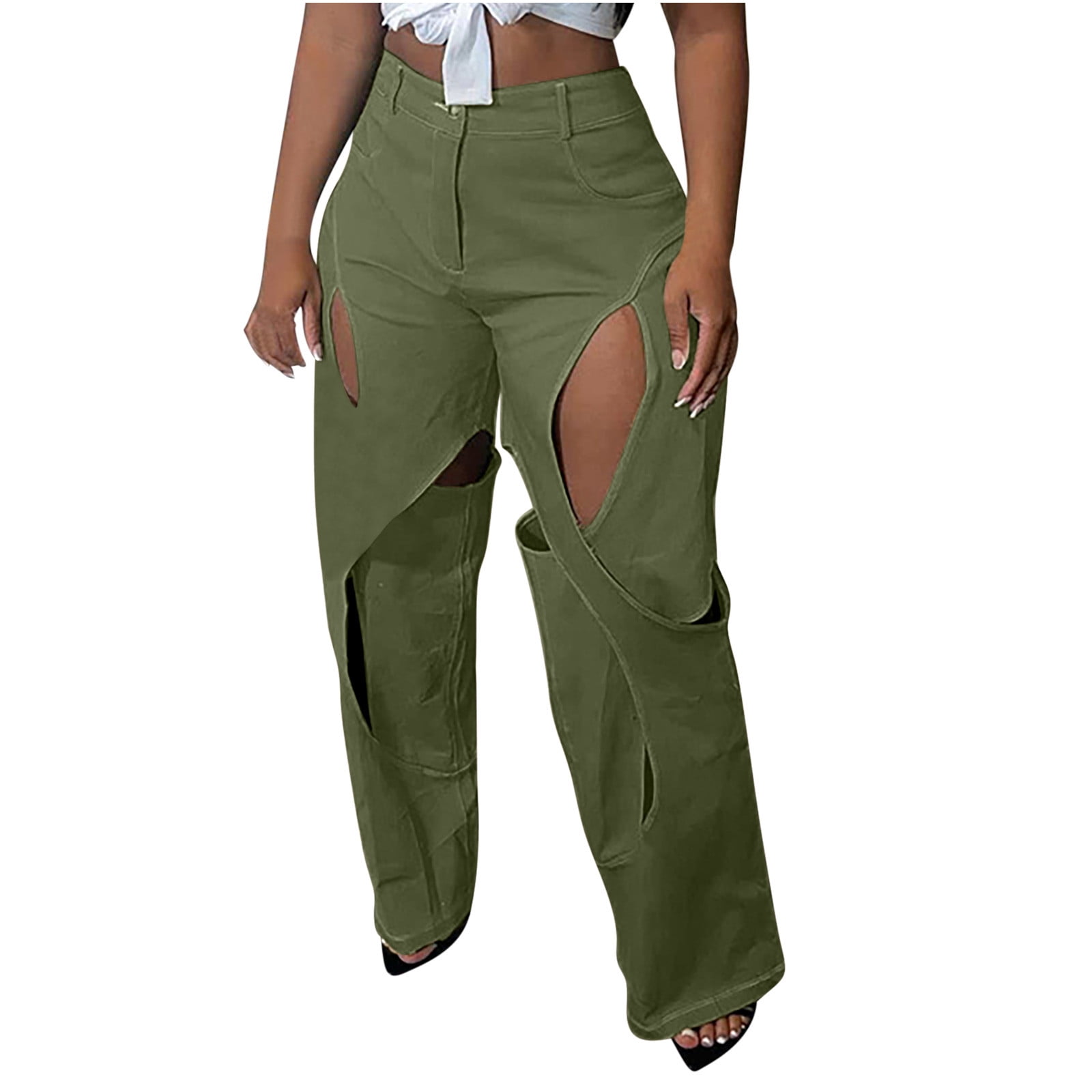 Baggy Cargo Pants for Women Trendy Patchwork Cutout Trousers High Waisted Straight Leg Pants ...