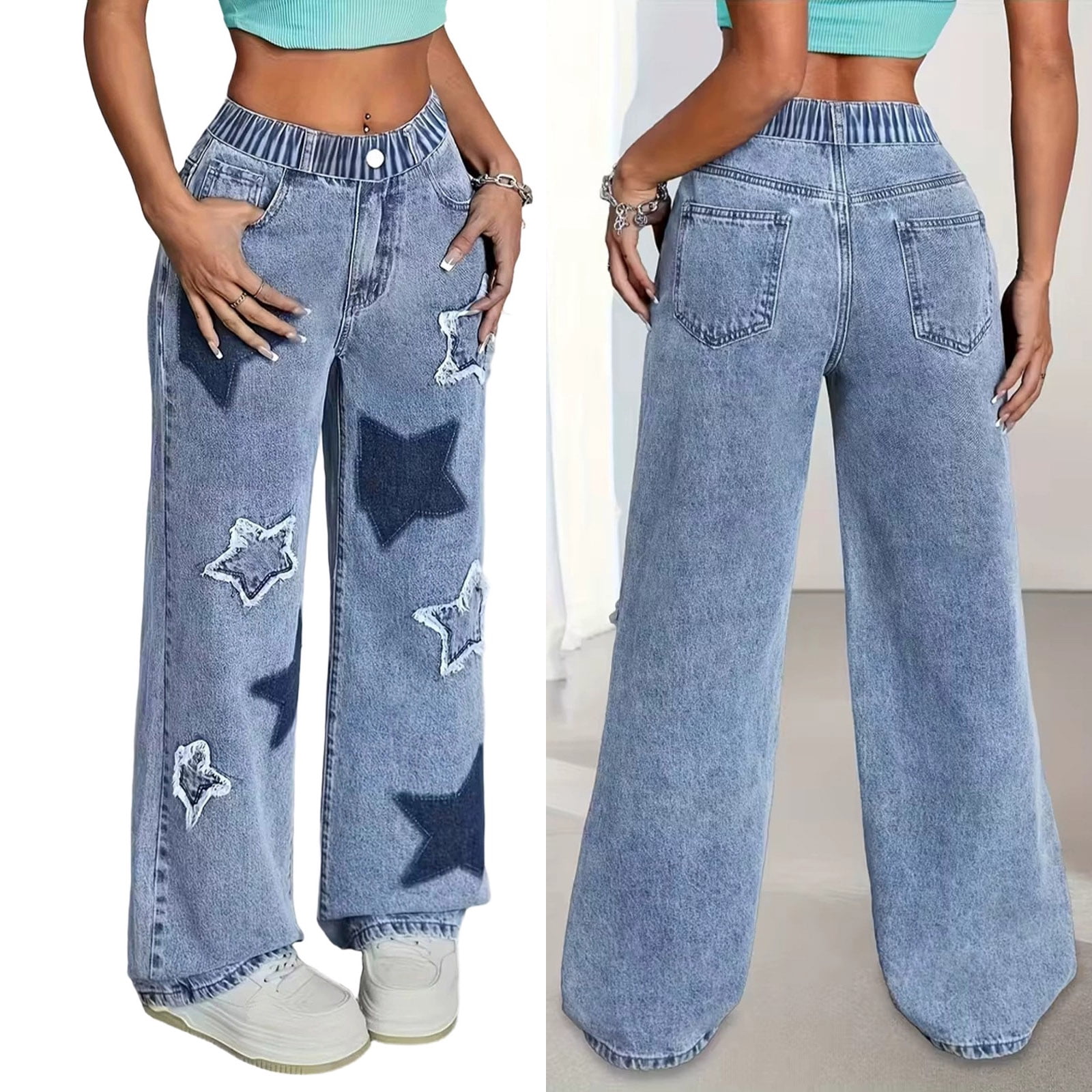 Baggy Jeans Girls Casual High Waisted Wide Leg Star Embroidered Pants ...