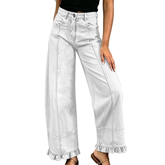 Baggy Jeans Women High Waisted Button Trousers with Pockets Ruffled Hem ...