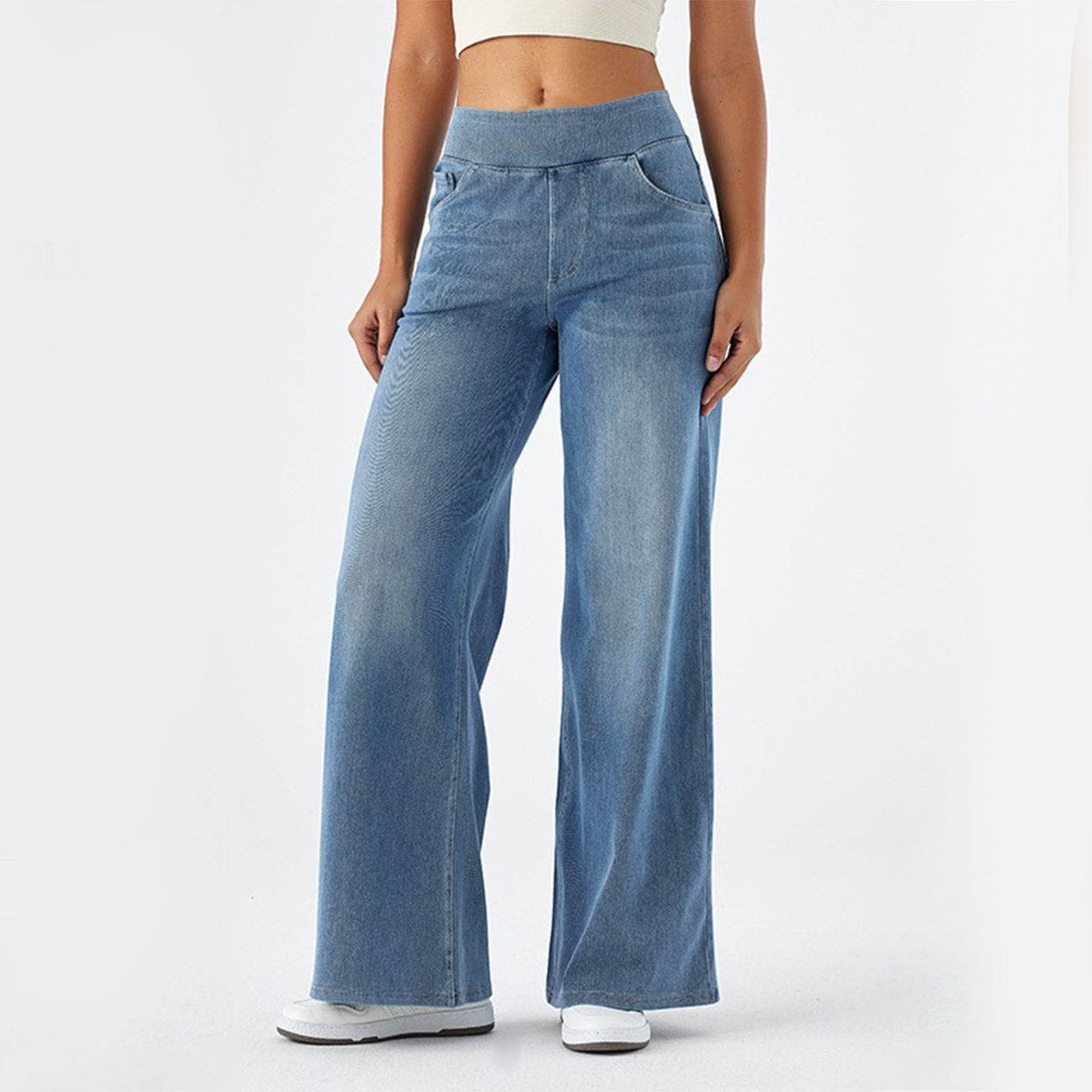 Baggy Jeans Women Pull On Wide Leg Jeans With Elastic Waistband High ...
