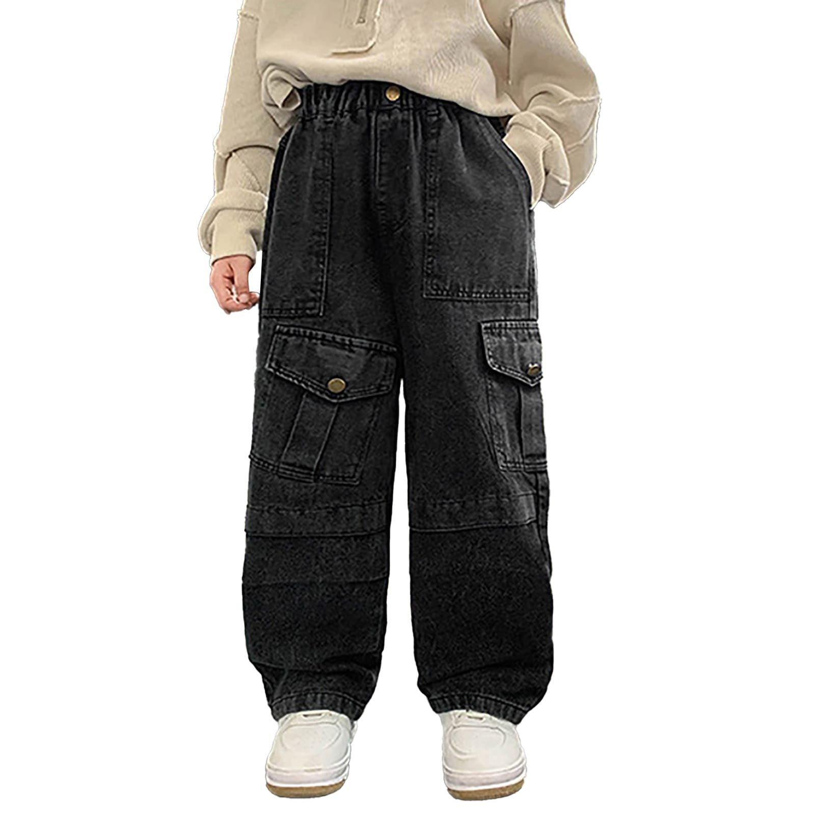Cargo Jeans for Girls Wide Leg Pants Elastic Waist Girls' Cargo Jeans ...