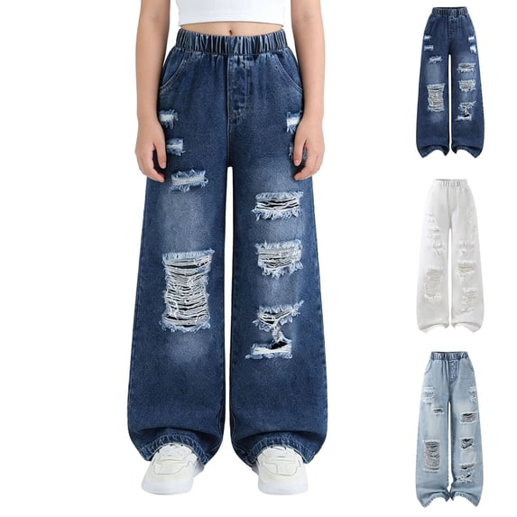 Baggy Jeans for Kids Y2k Jeans Wide Leg Ripped Jeans Back To School ...