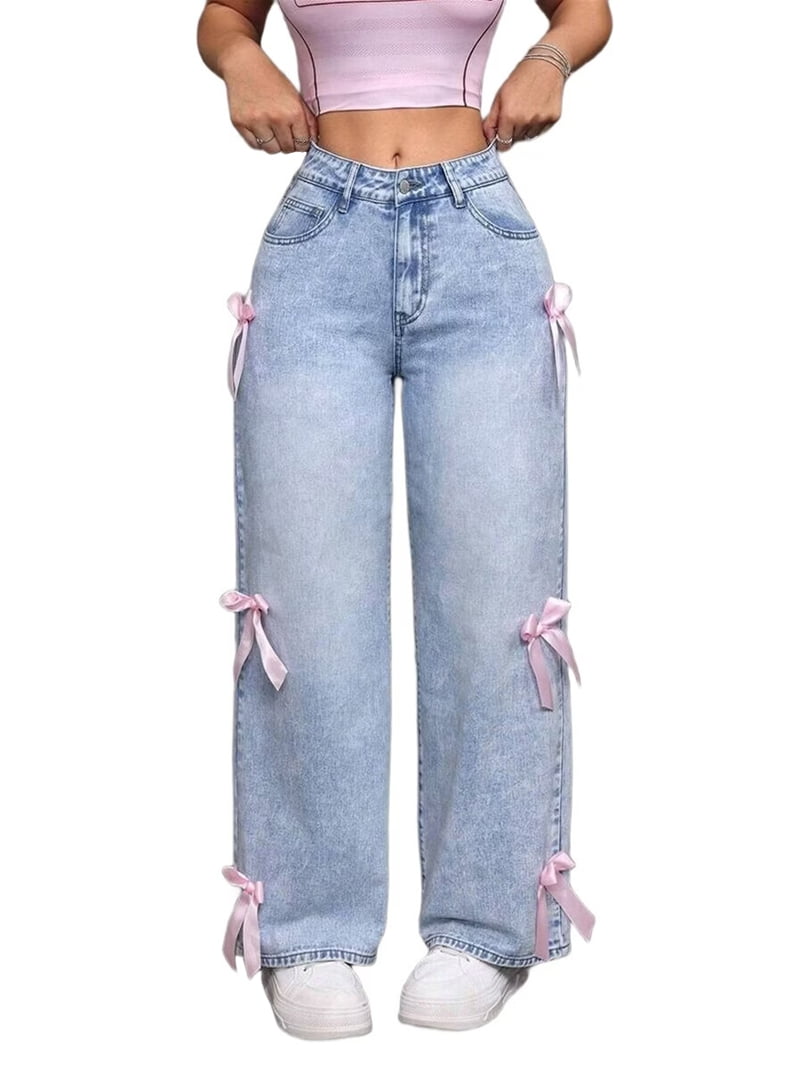 Baggy Jeans for Teen Girls Woman Tie Jeans High Waist Wide Leg Loose ...