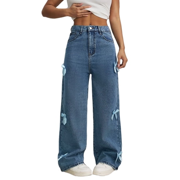 Baggy Jeans for Teen Girls Woman Tie Jeans High Waist Wide Leg Loose ...