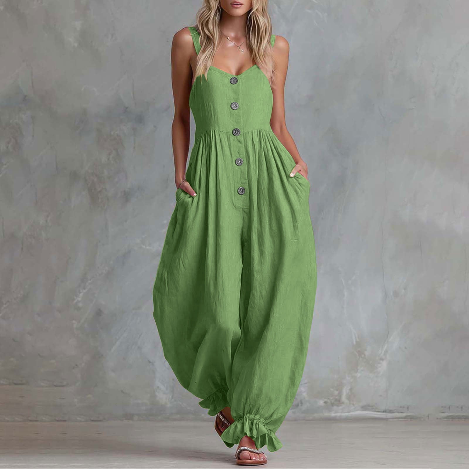 Baggy Jumpsuits for Women Button Front Ruffle Cuff Pleated Wide Leg ...
