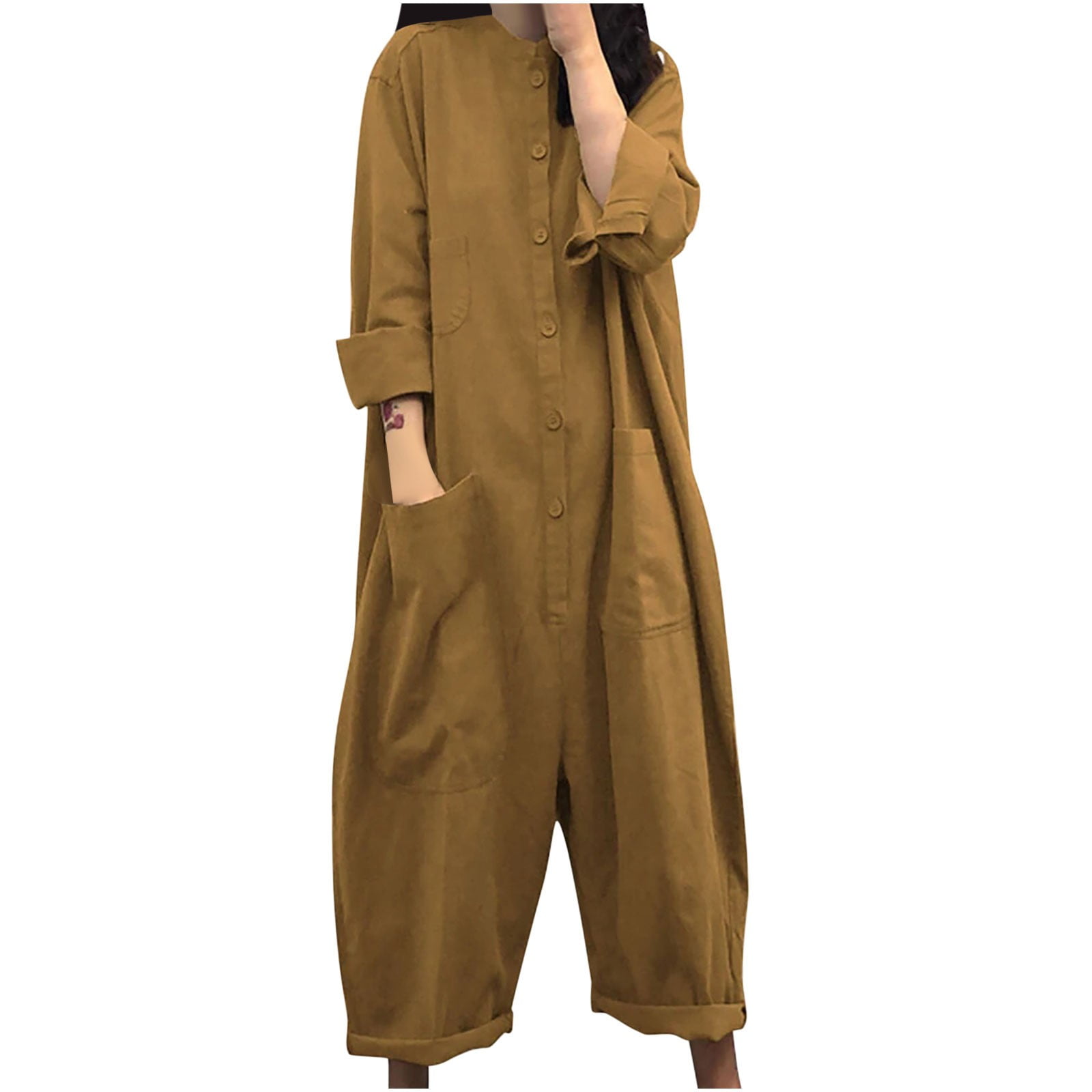 Baggy Linen Jumpsuits Women One Piece Button Up Romper Playsuit Long ...