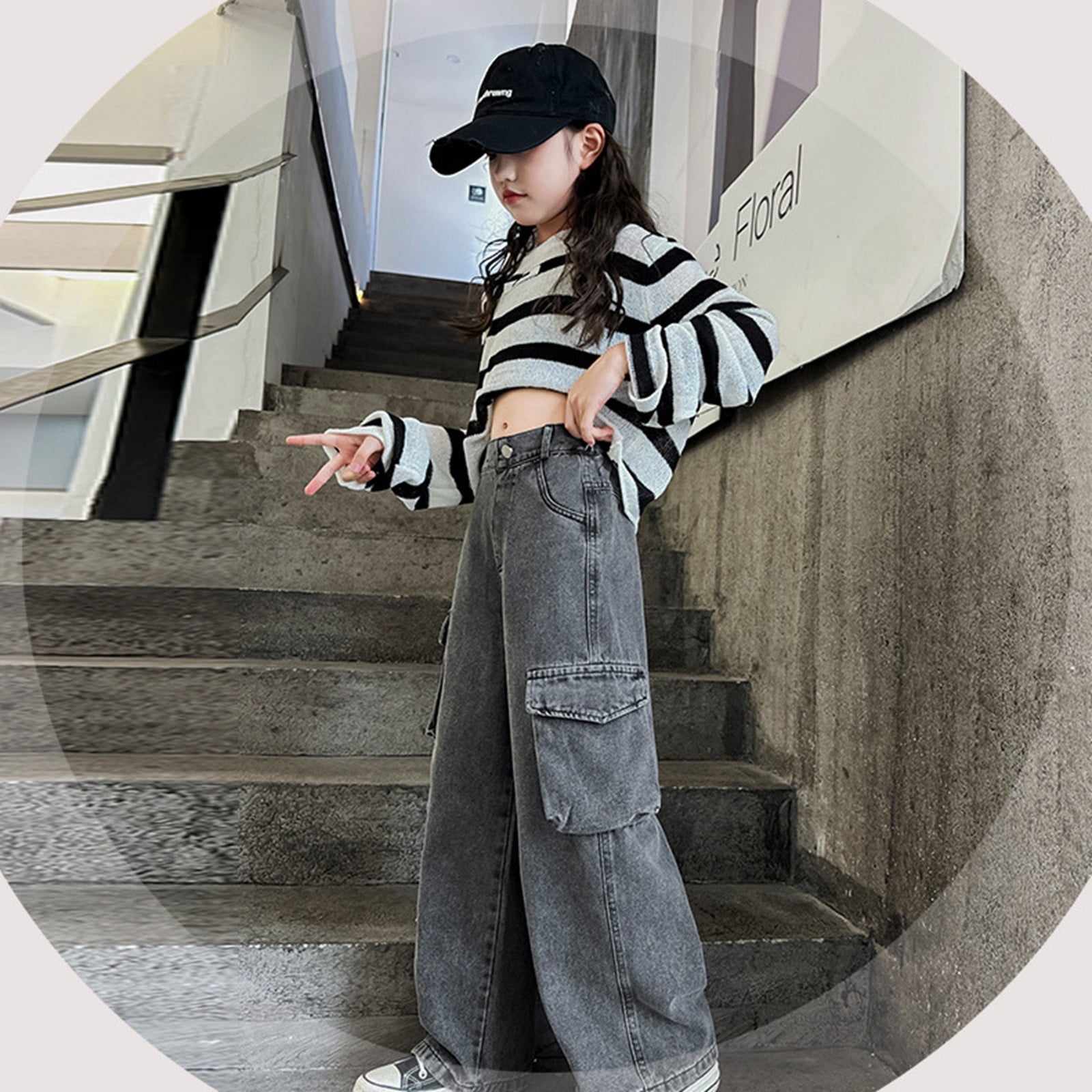 Baggy Pants for Girls Wide Leg Jeans High Elastic Waisted Denim Pants ...