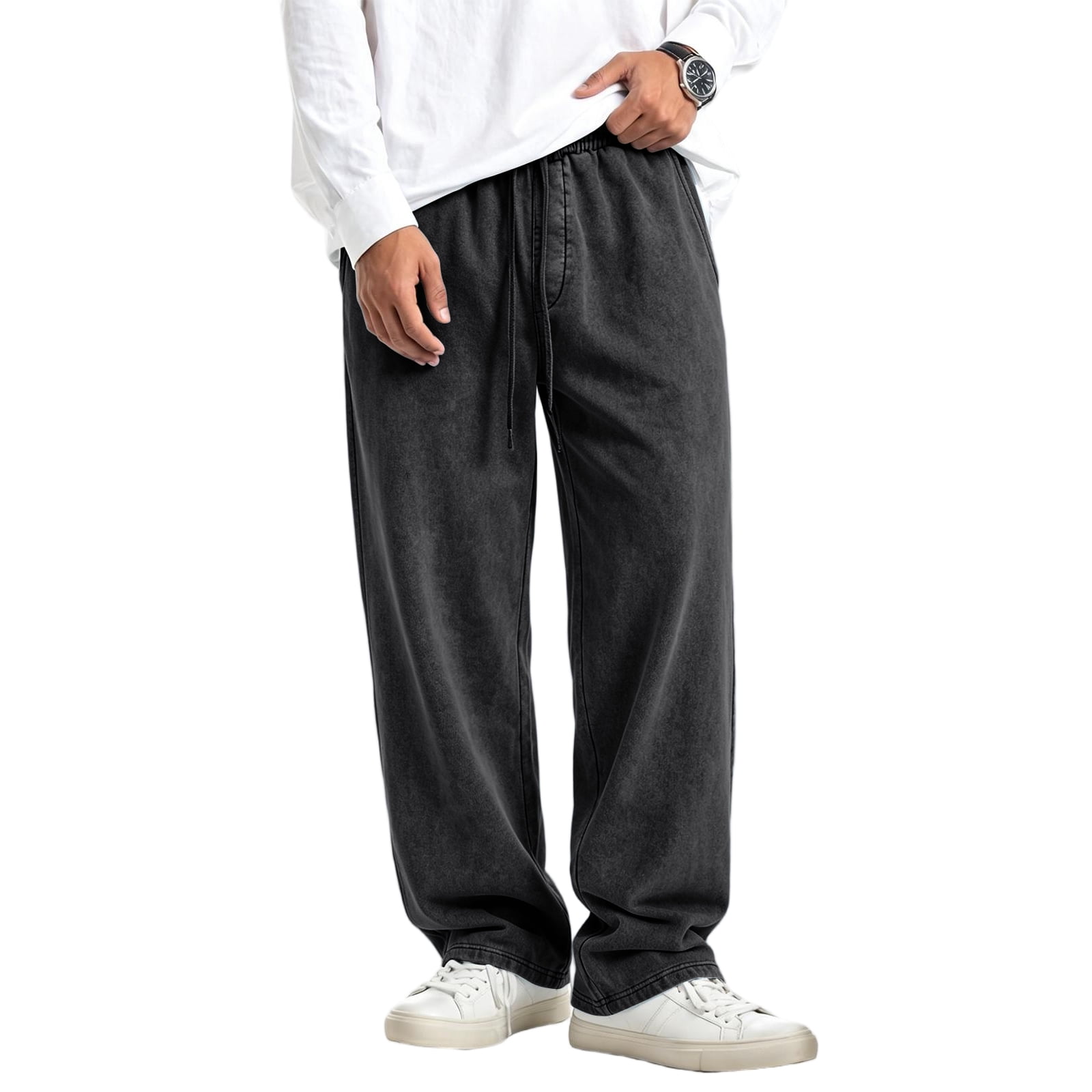 Baggy for Men Wide Leg Drawstring Elastic Cotton Straight Pants Hip Hop ...