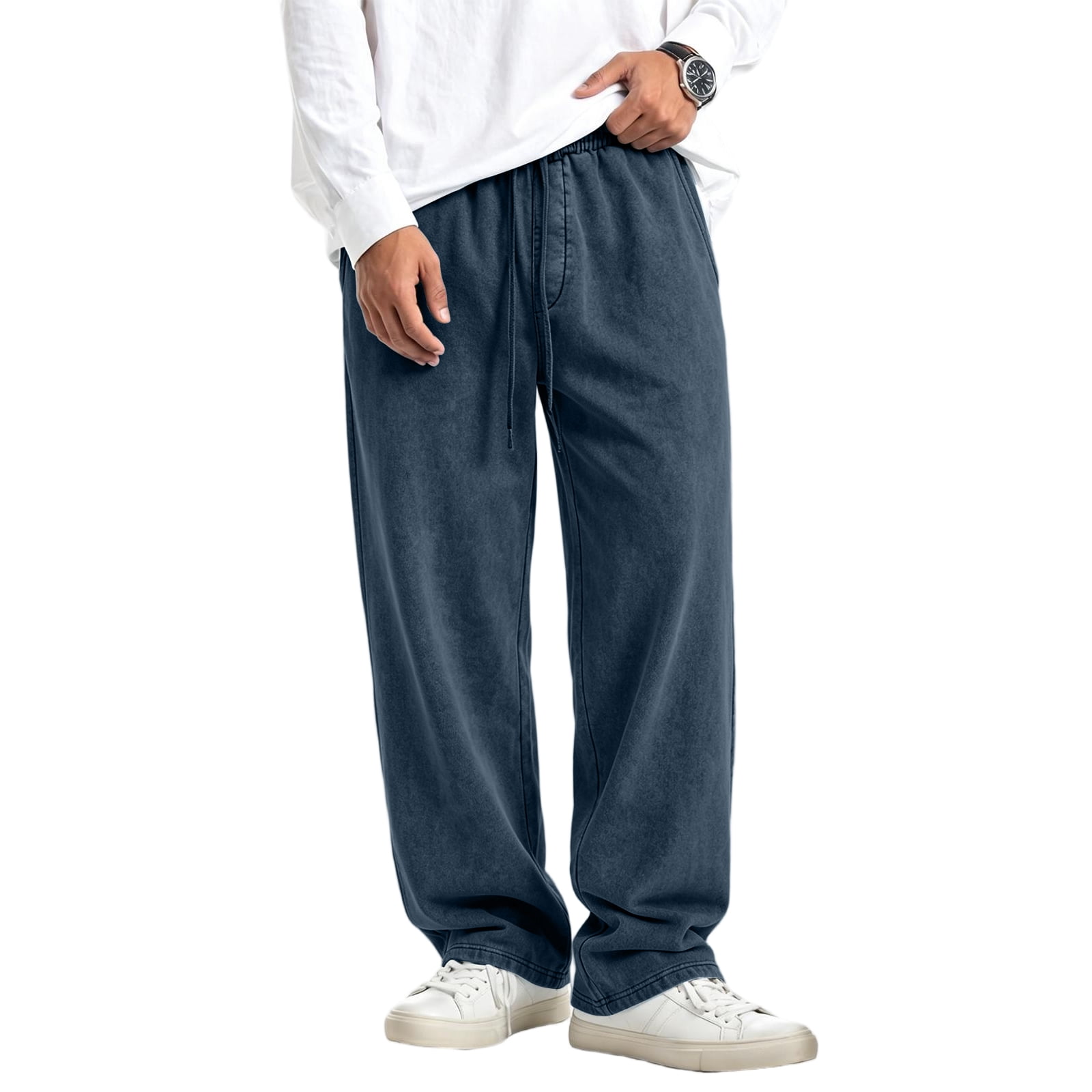 Baggy for Men Wide Leg Drawstring Elastic Cotton Straight Pants Hip Hop ...