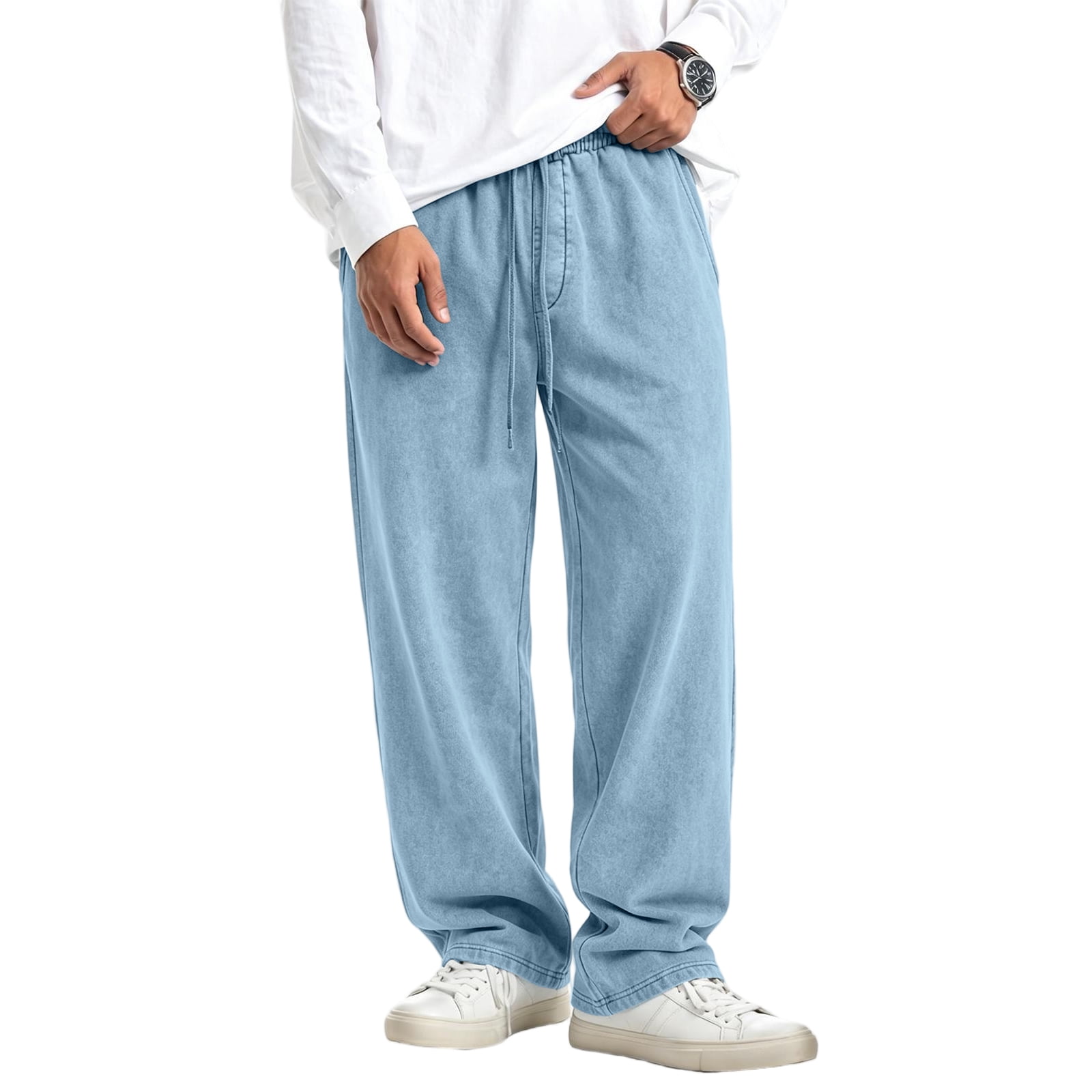 Baggy for Men Wide Leg Drawstring Elastic Cotton Straight Pants Hip Hop ...
