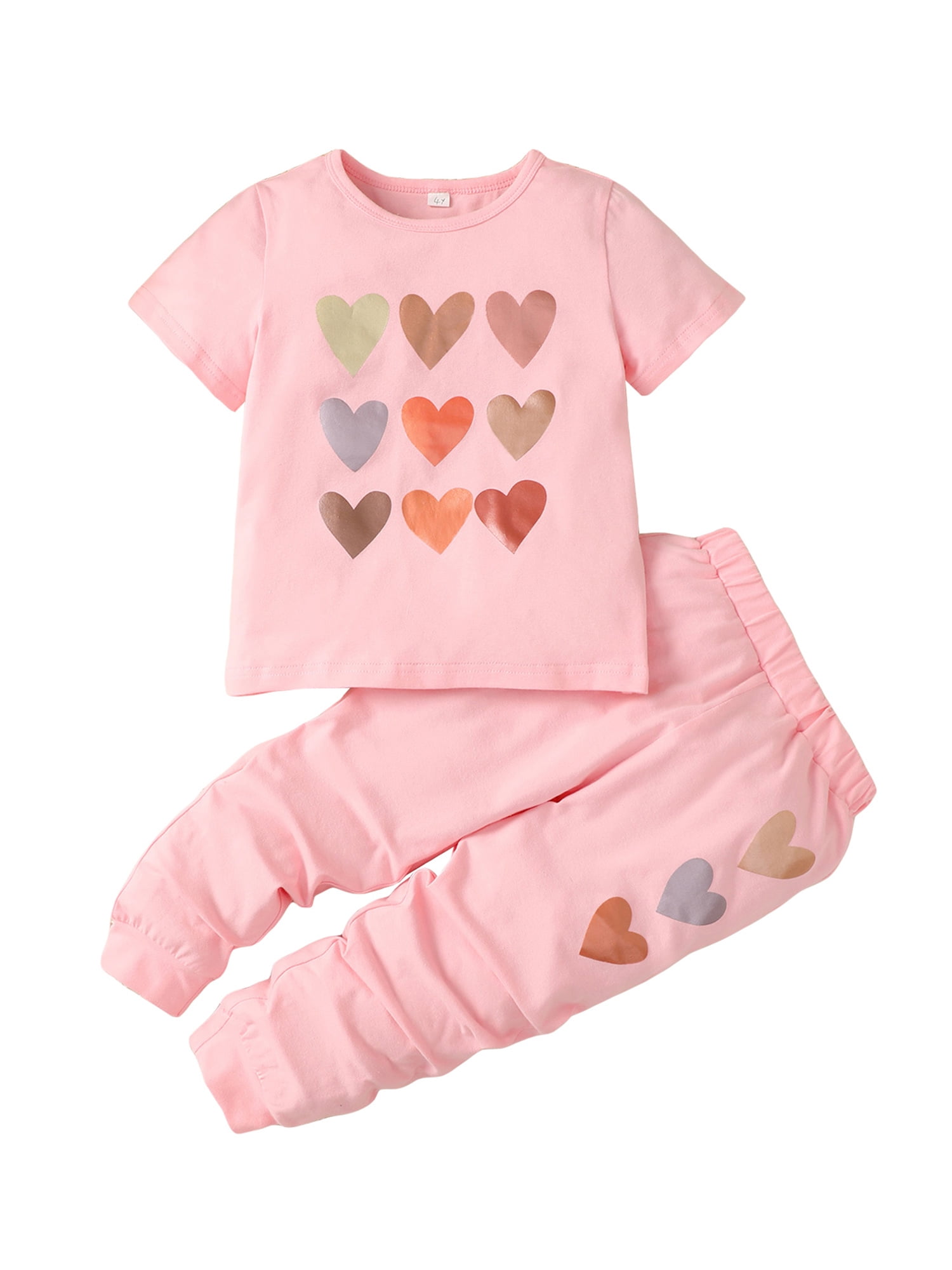 Bagilaanoe 2Pcs Little Girl Valentine's Day Outfits Heart Print Short Sleeve T-Shirt Tops ...