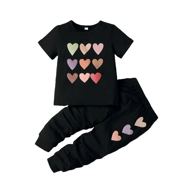 Bagilaanoe 2Pcs Little Girl Valentine's Day Outfits Heart Print Short Sleeve T-Shirt Tops ...