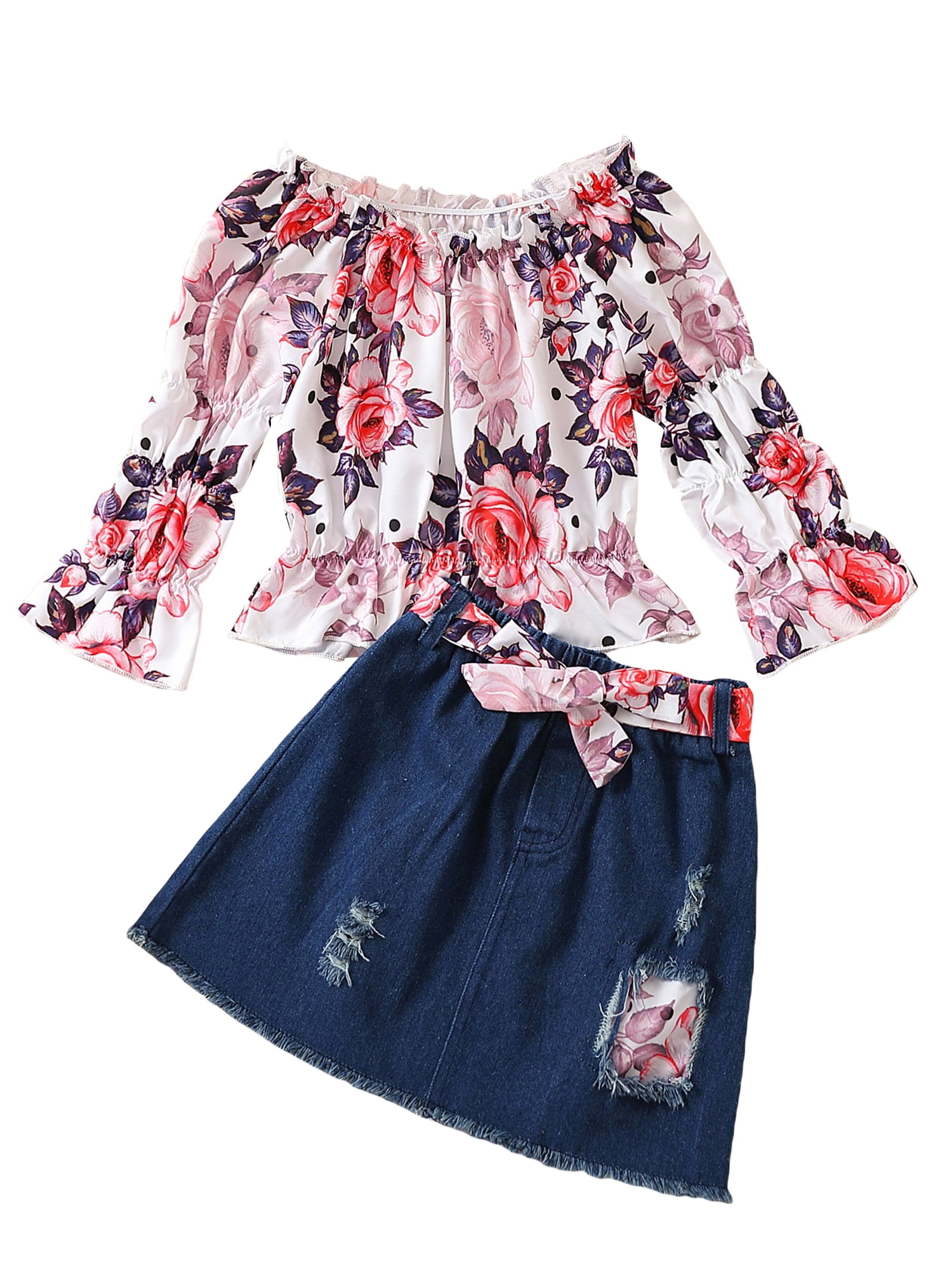 Bagilaanoe 2Pcs Little Girls Fall Outfits Flower Print Long Sleeve T-shirt Tops + Denim Skirt ...