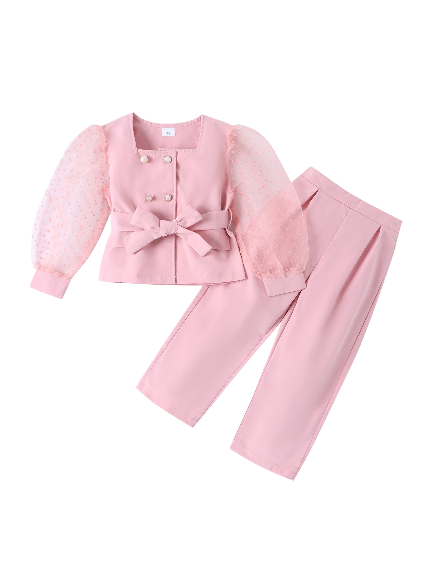 Bagilaanoe 2Pcs Little Girls Formal Suits Puff Long Sleeve Shirt with ...