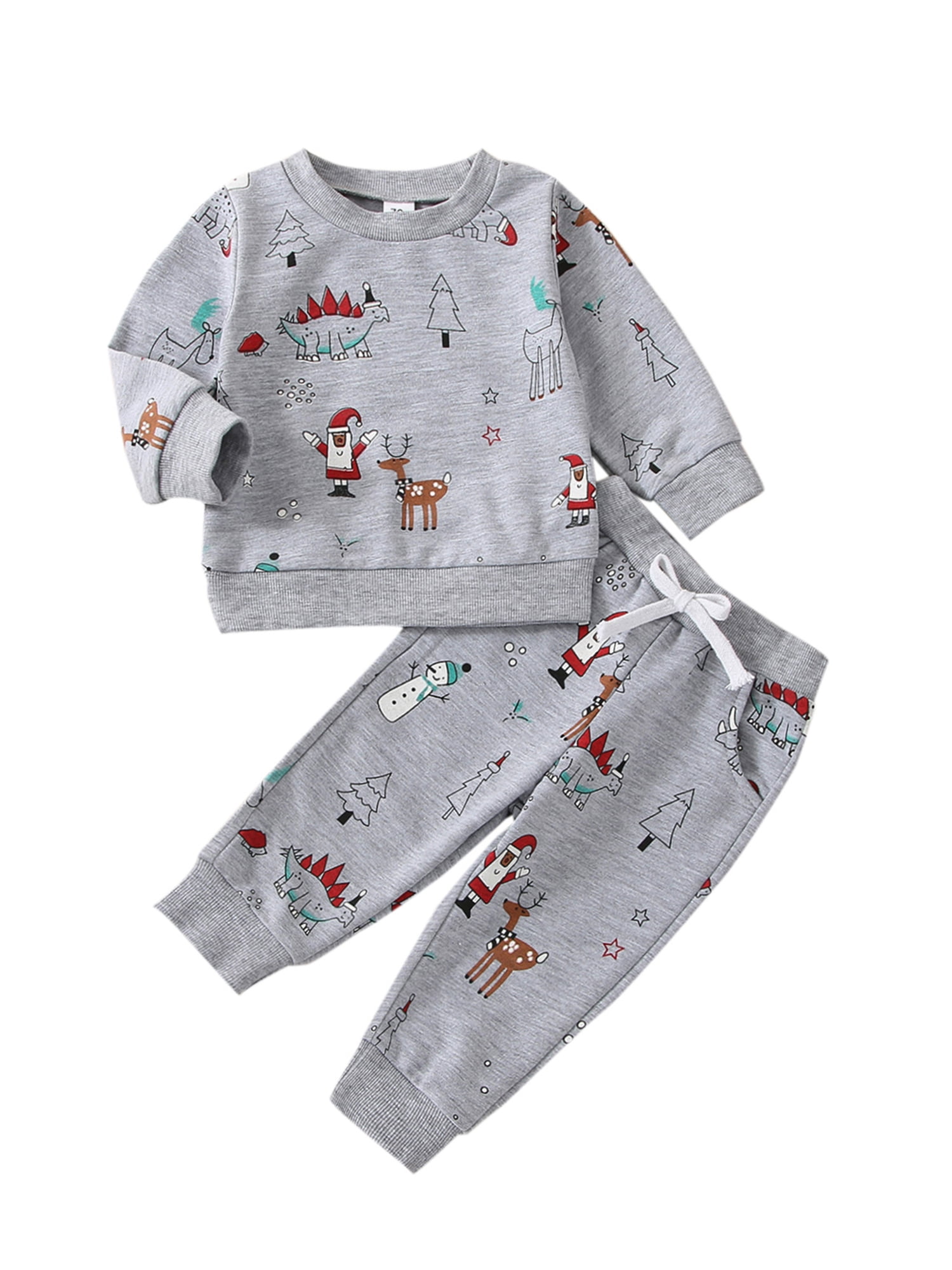 Bagilaanoe 2Pcs Newborn Baby Girl Boy Christmas Outfits Cartoon Print Long Sleeve Pullover Tops ...