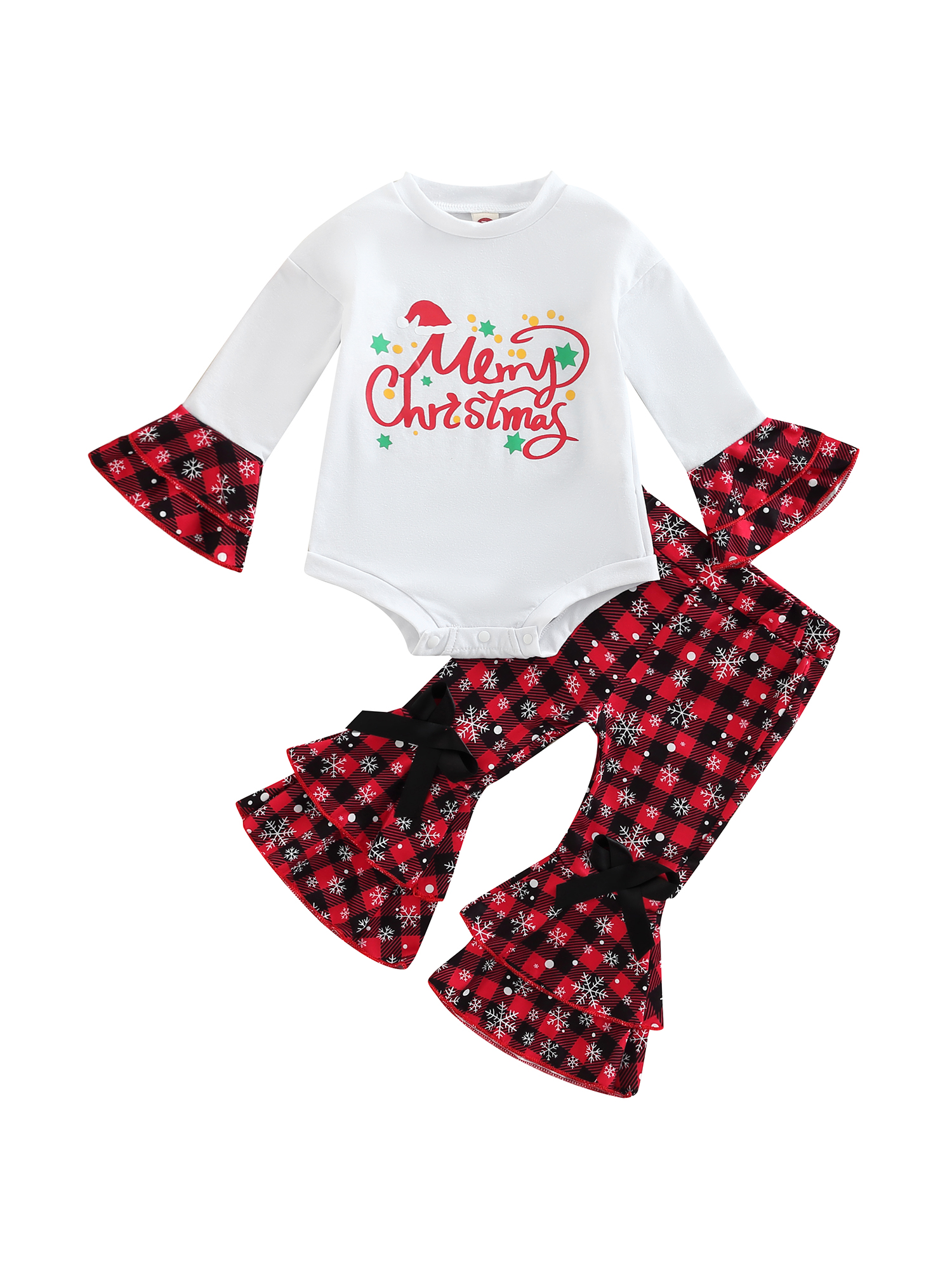 Bagilaanoe 2Pcs Newborn Baby Girl Christmas Outfits Letter Print Bell Long Sleeve Romper Tops ...