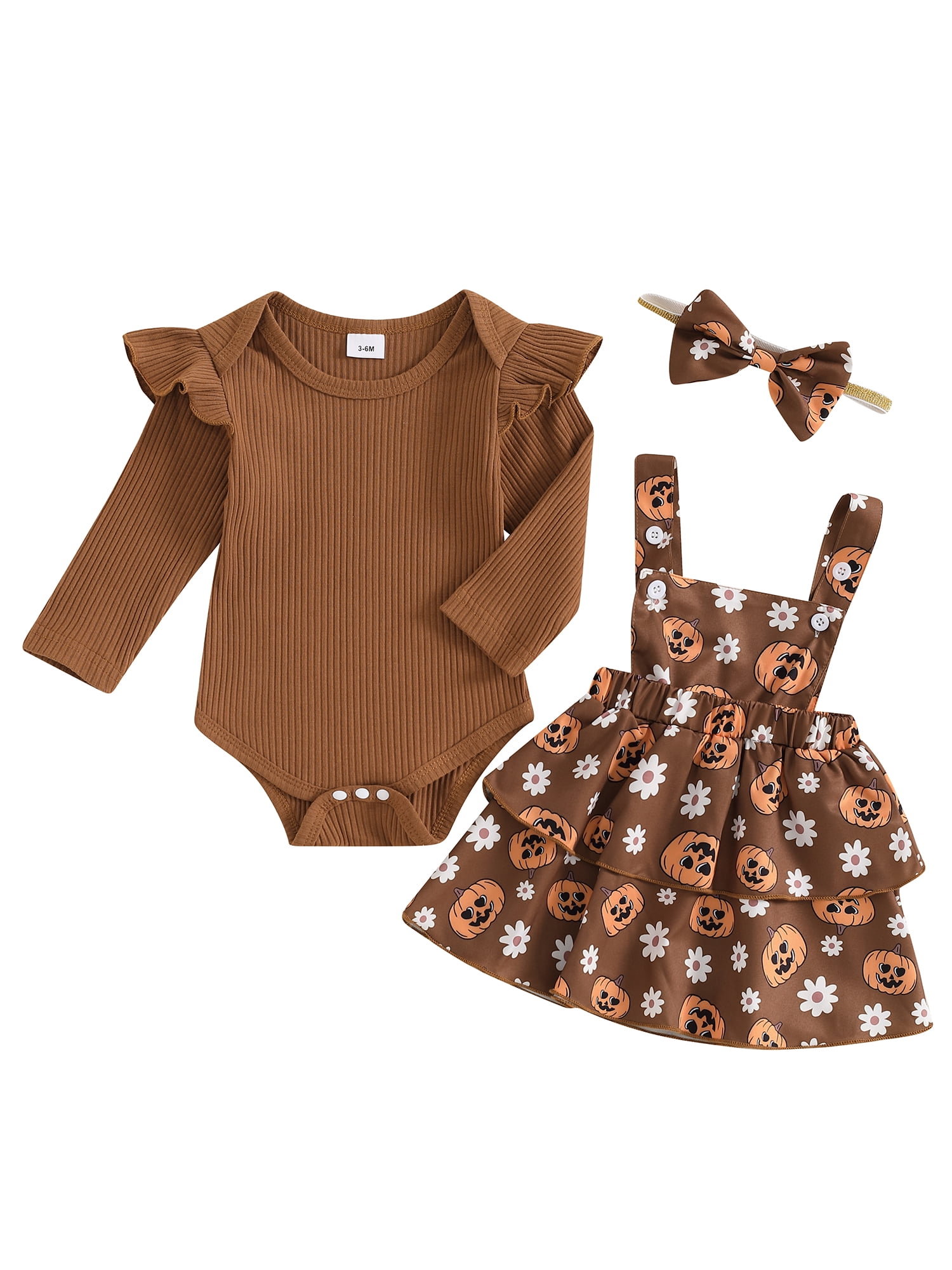 Bagilaanoe 2Pcs Newborn Baby Girls Halloween Outfits Overalls Dress Set Ribbed Long Sleeve ...