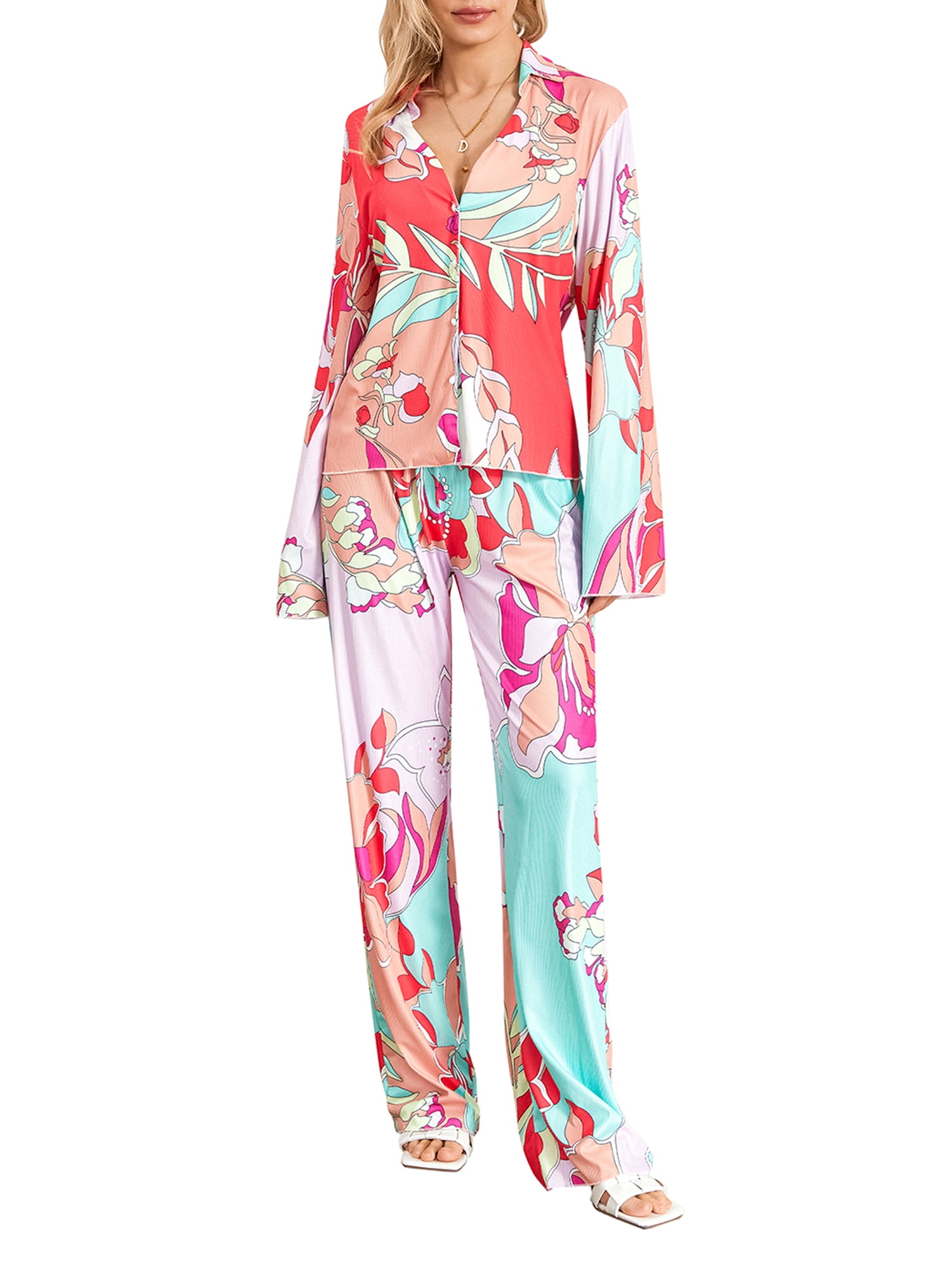 Bagilaanoe 2Pcs Women Juniors Fall Pajamas Set Flower Long Sleeve Shirt ...