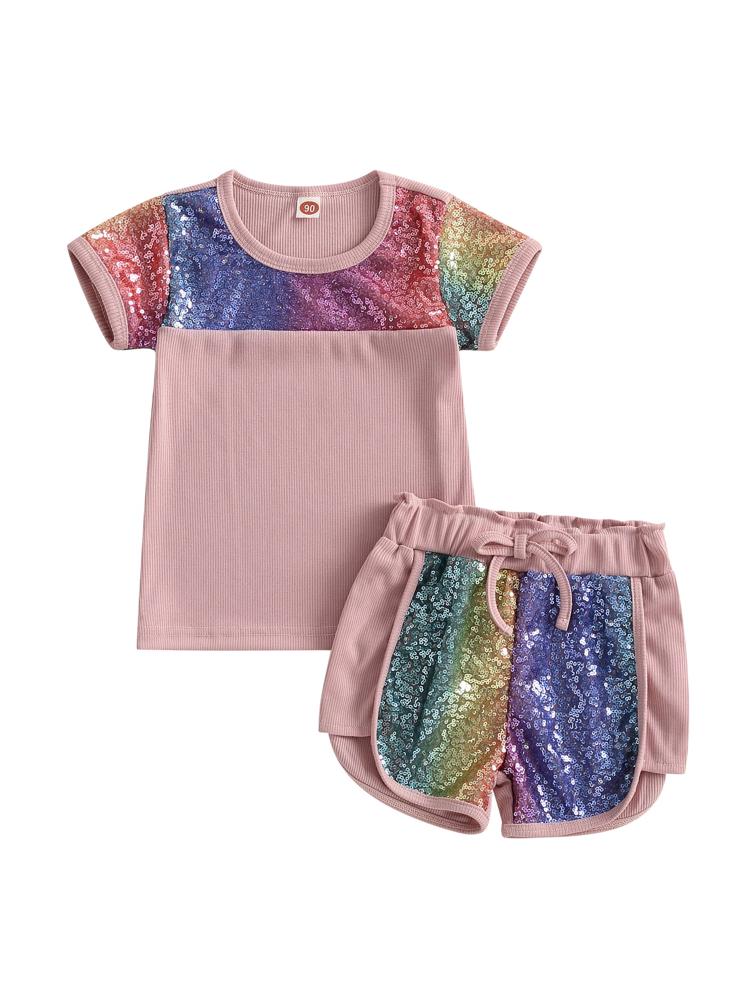 Bagilaanoe 2pcs Little Girls Short Pants Set Sequin Short Sleeve T ...