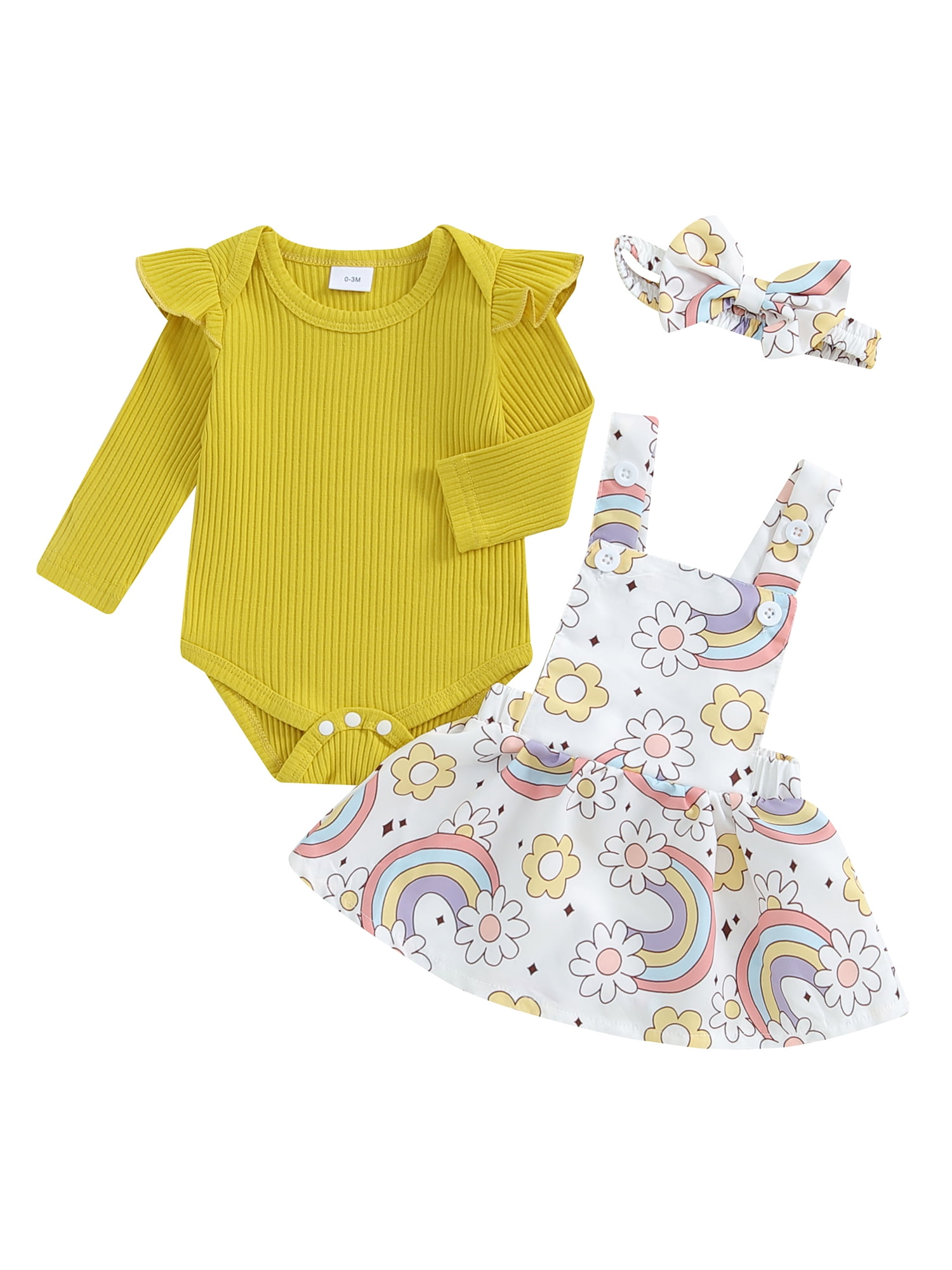 Bagilaanoe 3Pcs Baby Girls Autumn Outfit Overalls Dress Set Newborn Long Sleeve Romper Tops ...