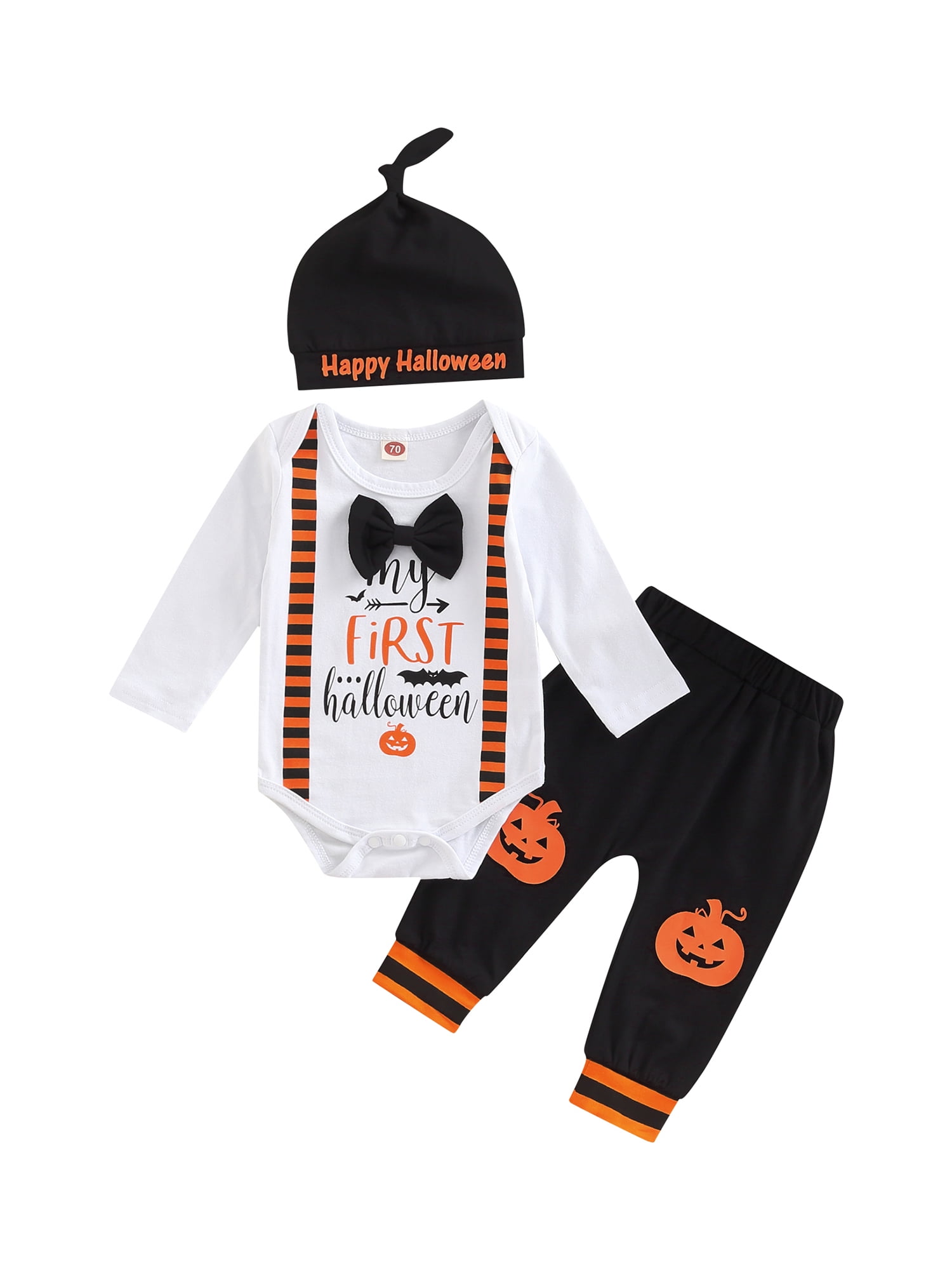Bagilaanoe 3Pcs Newborn Baby Boys Halloween Outfits Letter Print Long Sleeve Romper Tops Pumpkin ...