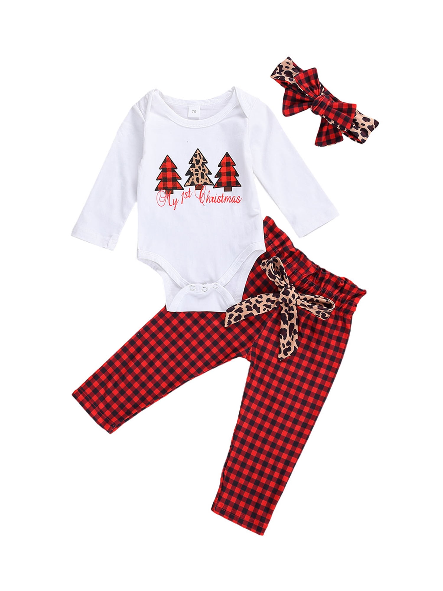 Bagilaanoe 3Pcs Newborn Baby Girl Christmas Outfits Print Long Sleeve Romper Tops + Plaid ...