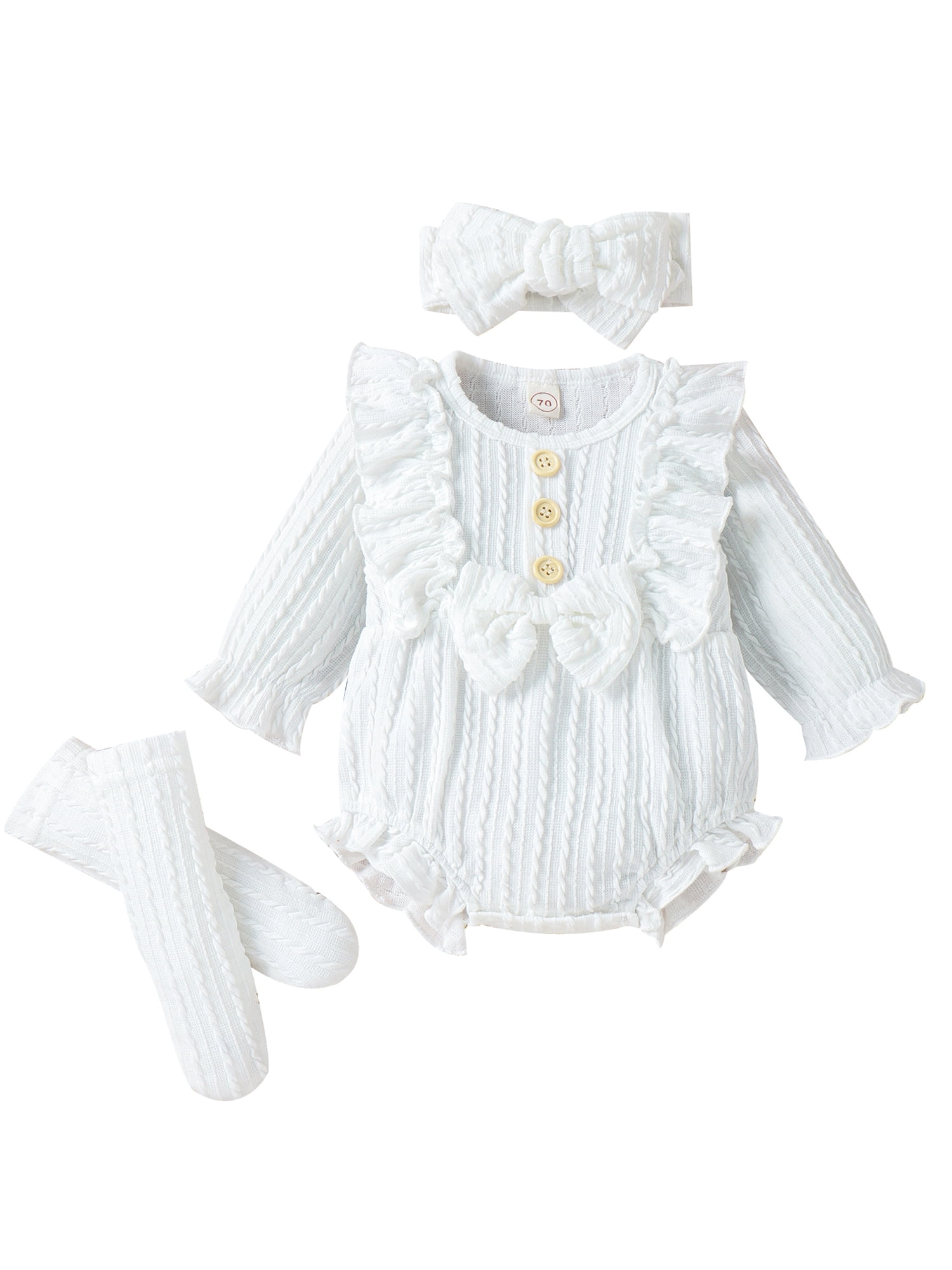 Bagilaanoe 3Pcs Newborn Baby Girl Rompers Outfits Long Sleeve Ruffle Bodysuit + Socks + Headband ...