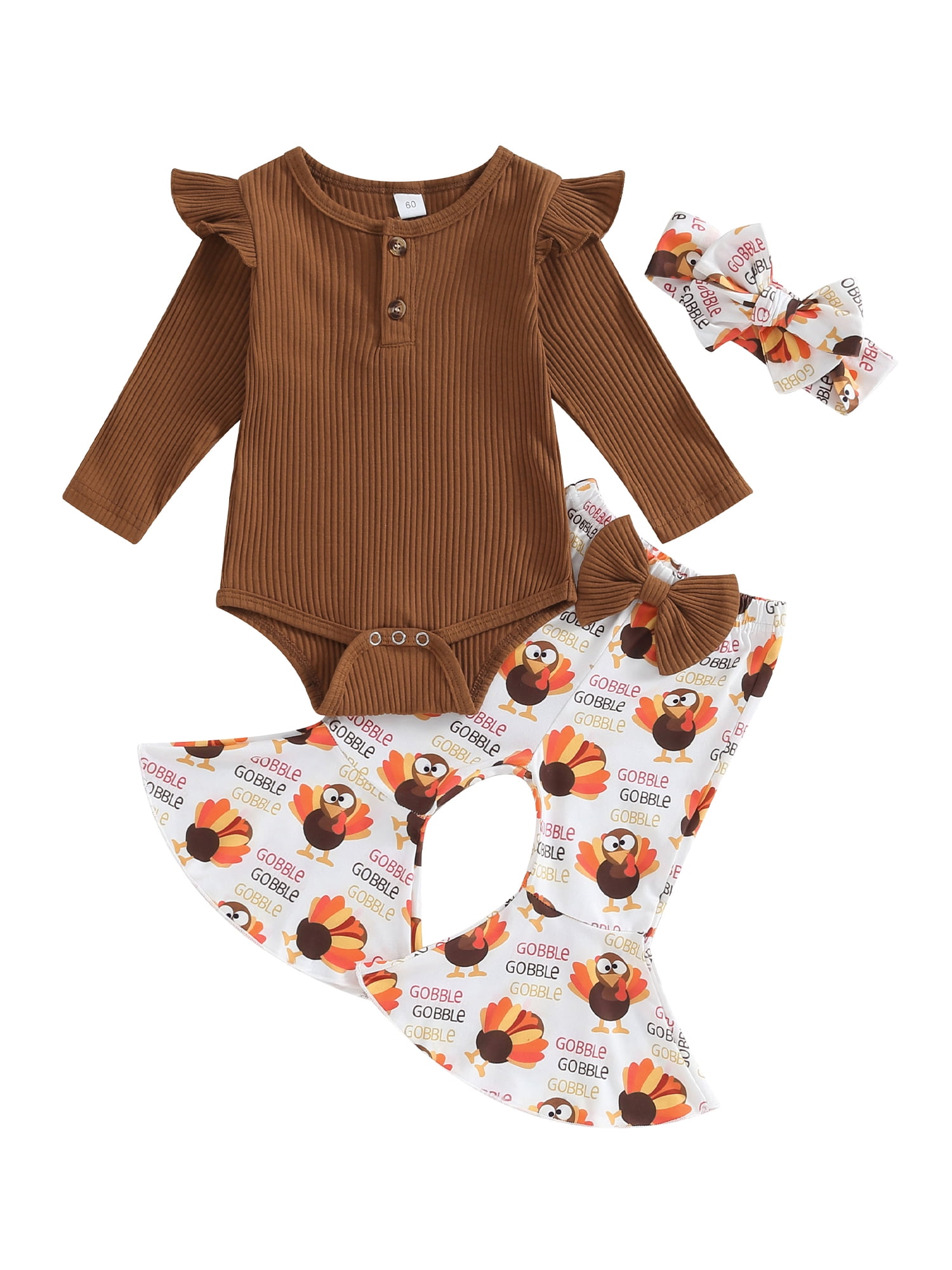 Bagilaanoe 3Pcs Newborn Baby Girl Thanksgiving Outfits Long Sleeve Romper Tops + Turkey Flare ...