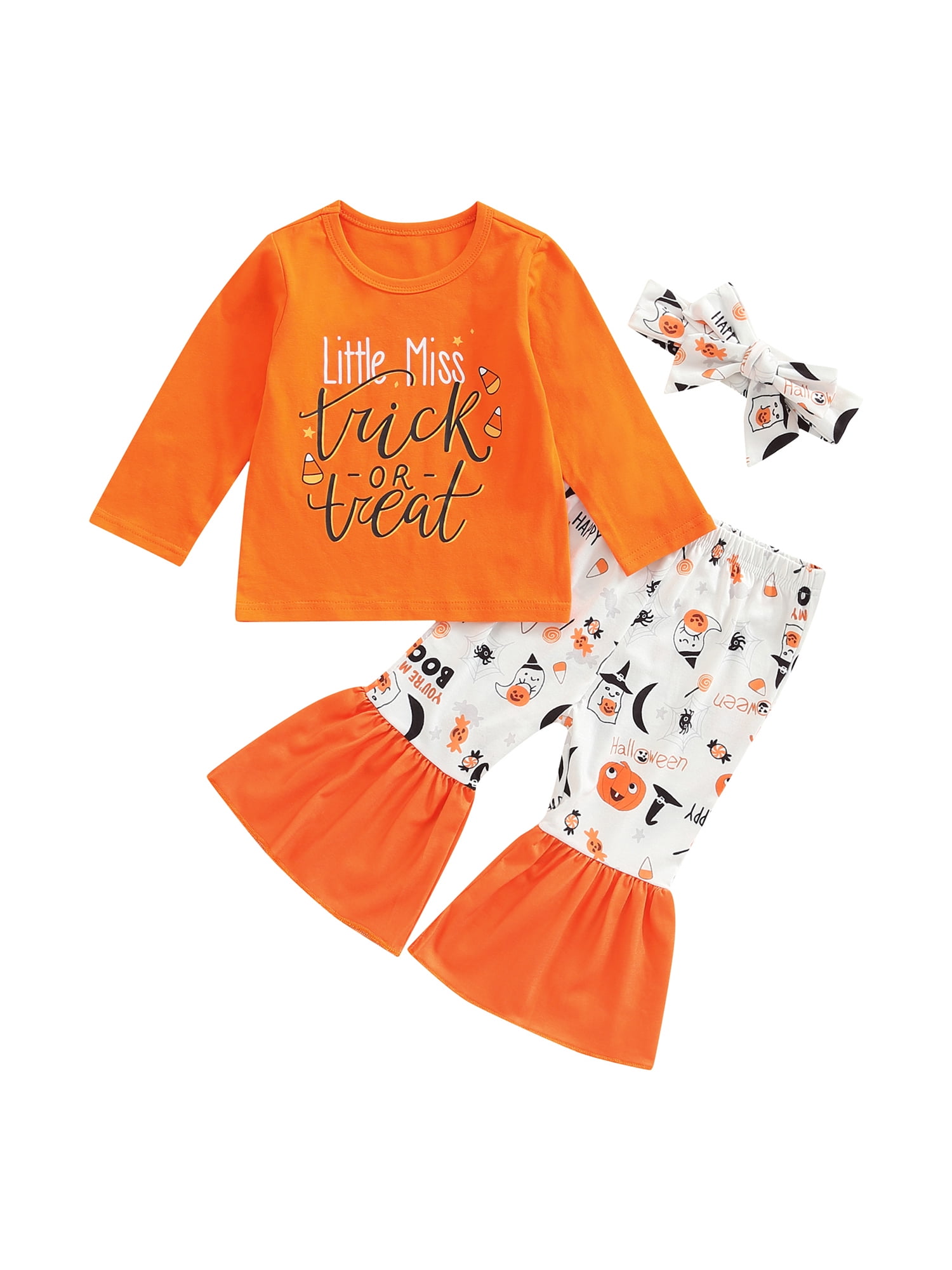 Bagilaanoe 3Pcs Toddler Baby Girl Halloween Outfits Letters Print Long Sleeve T Shirt Tops+ ...