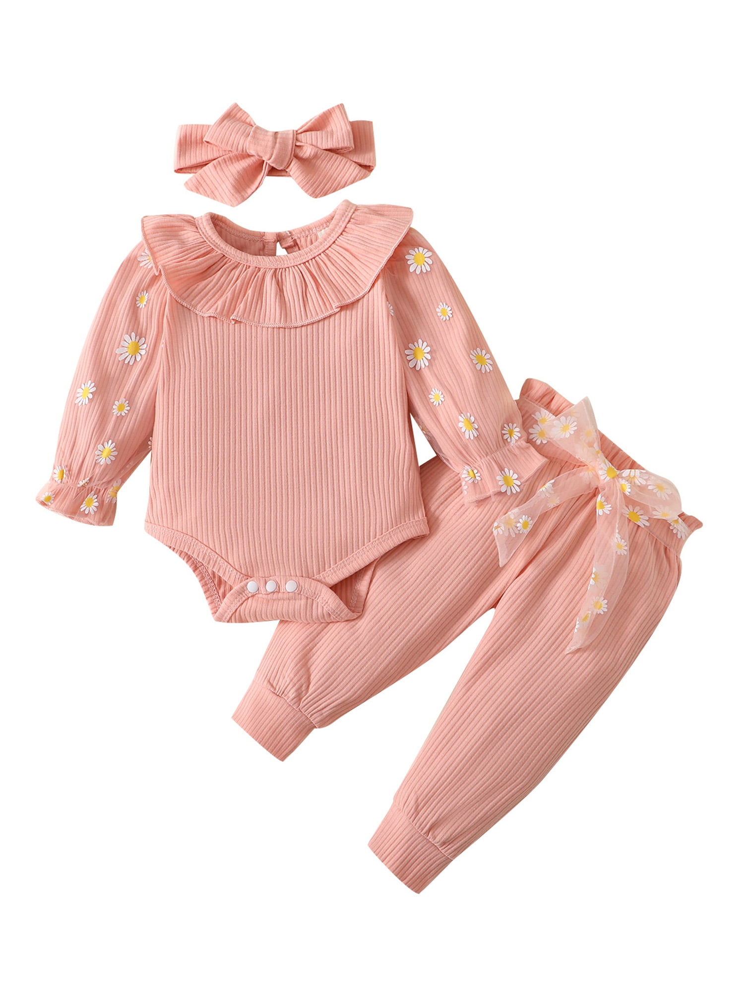 Bagilaanoe 3pcs Newborn Baby Girl Long Pants Set Daisy Print Long Sleeve Romper Tops + Trousers ...