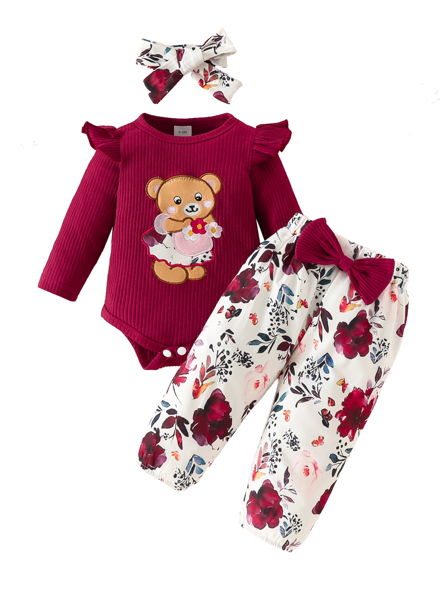Bagilaanoe 3pcs Newborn Baby Girl Long Pants Set Embroidery Long Sleeve Romper Tops + Floral ...