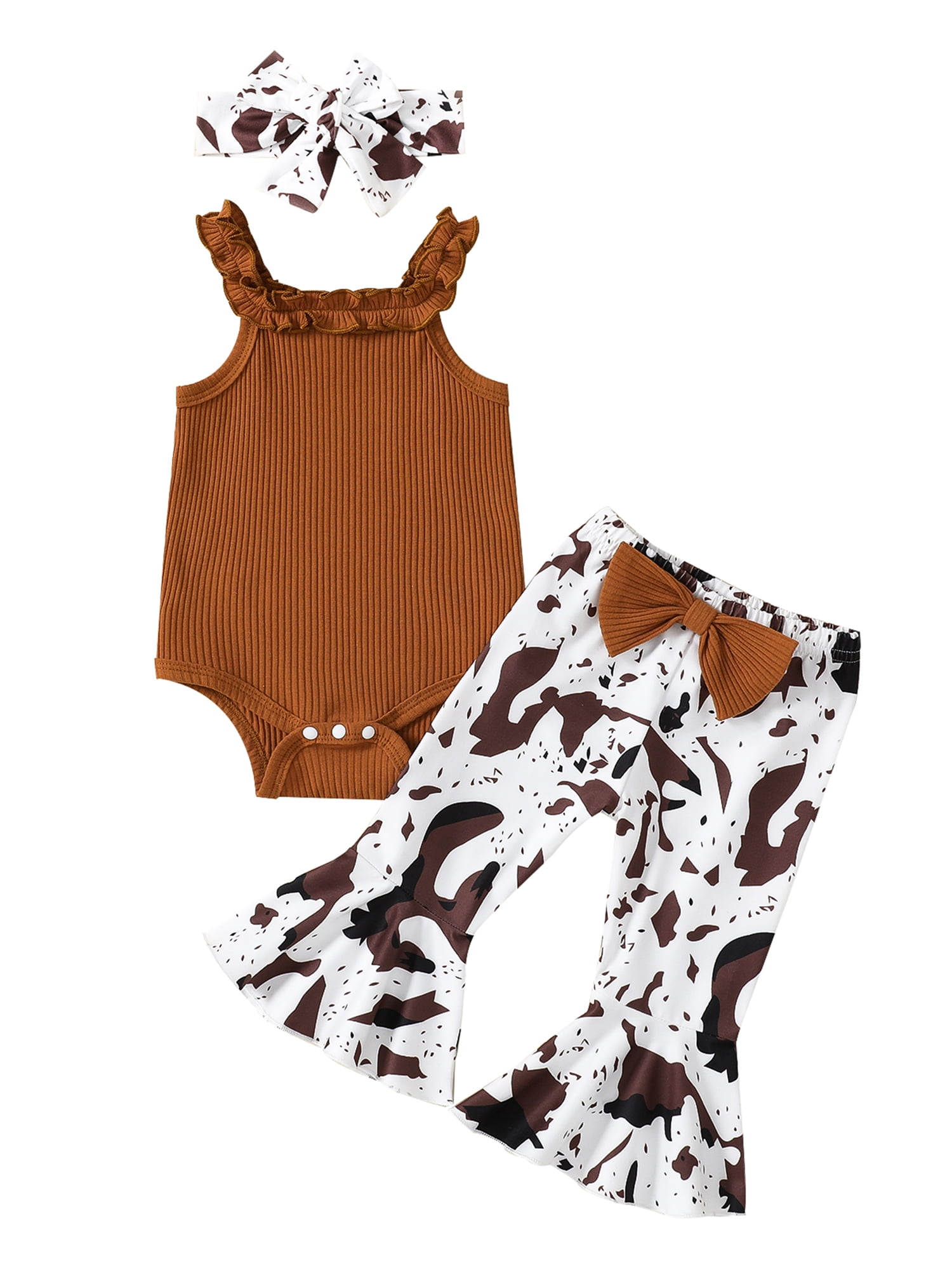 Bagilaanoe 3pcs Newborn Baby Girl Long Pants Set Ribbed Sleeveless Romper Tops + Print Flare ...