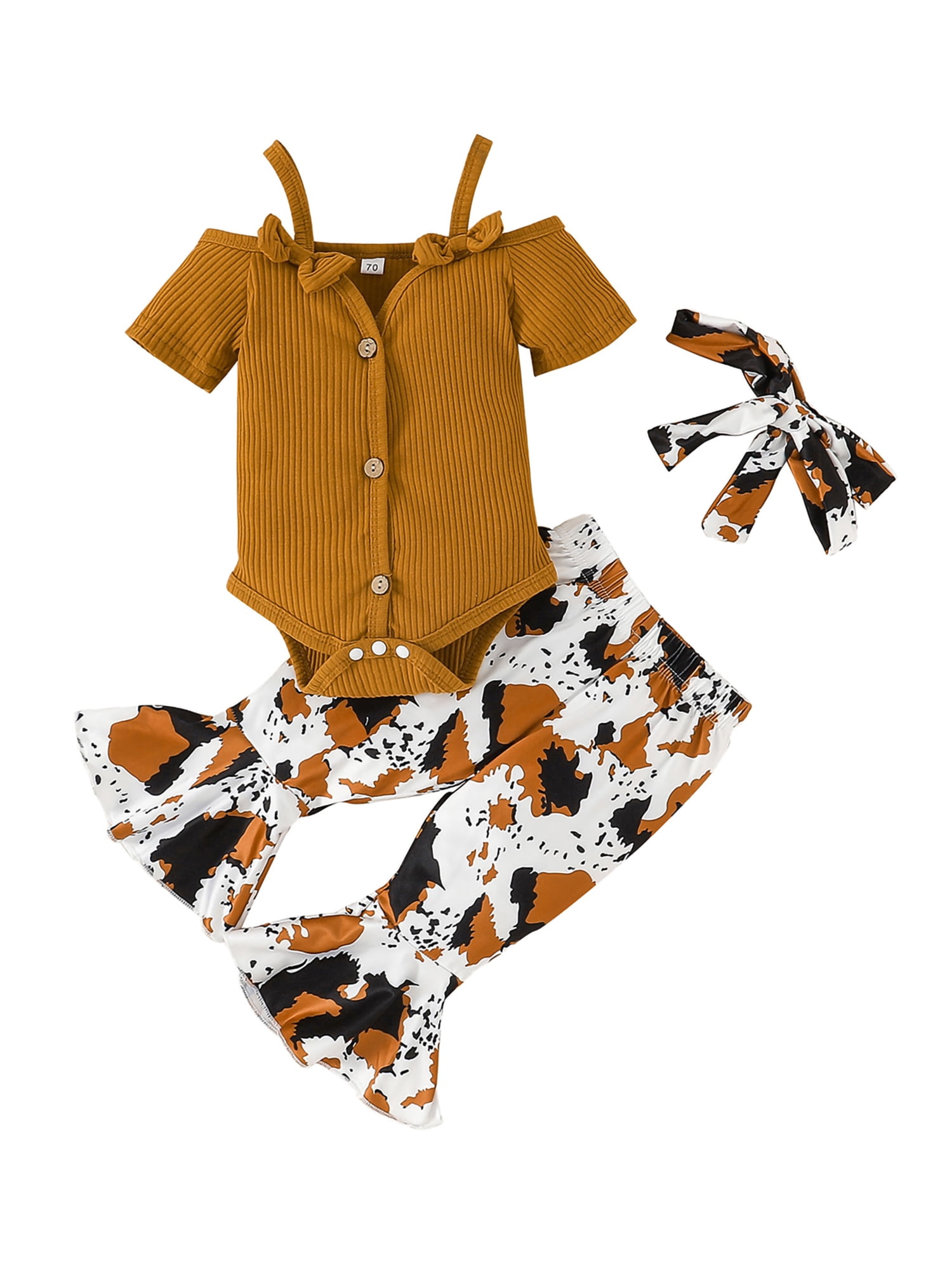Bagilaanoe 3pcs Newborn Baby Girl Long Pants Set Short Sleeve Romper Tops + Print Flare Trousers ...