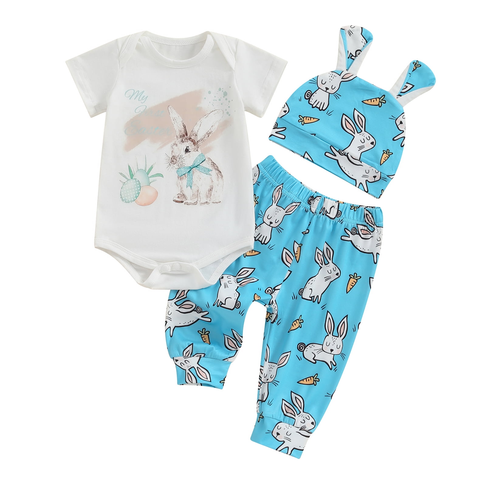 Bagilaanoe 3pcs Newborn Easter Outfits Baby Boys Pants Set Bunny Short Sleeve Romper Tops ...