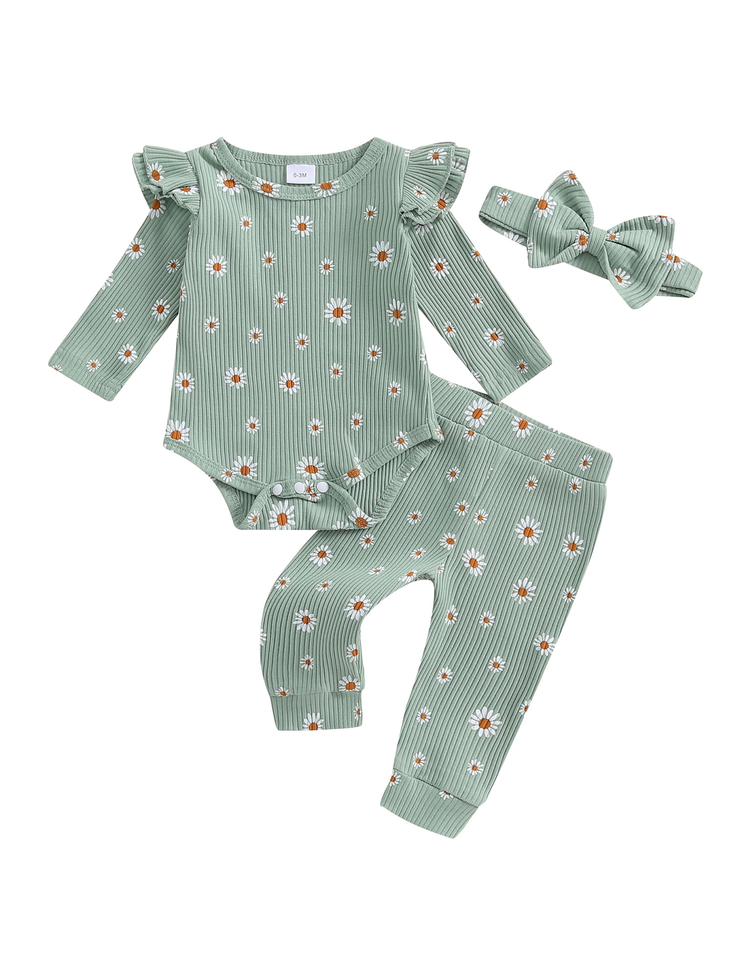 Bagilaanoe 3pcs Newborn Fall Outfit Baby Girl Pants Set Ribbed Long Sleeve Romper Tops ...