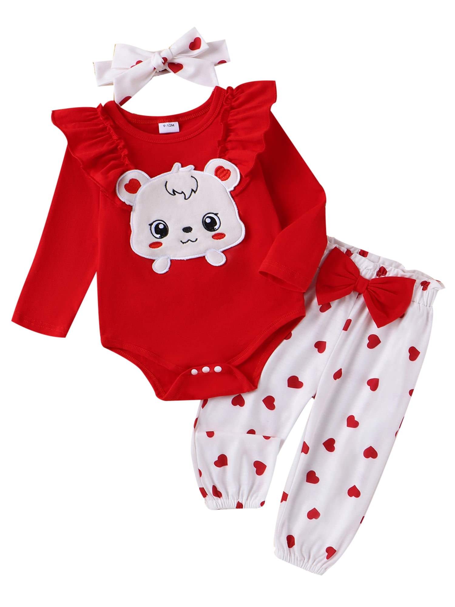 Bagilaanoe 3pcs Newborn Valentine's Day Outfits Baby Girl Pants Set Ruffled Long Sleeve Romper ...