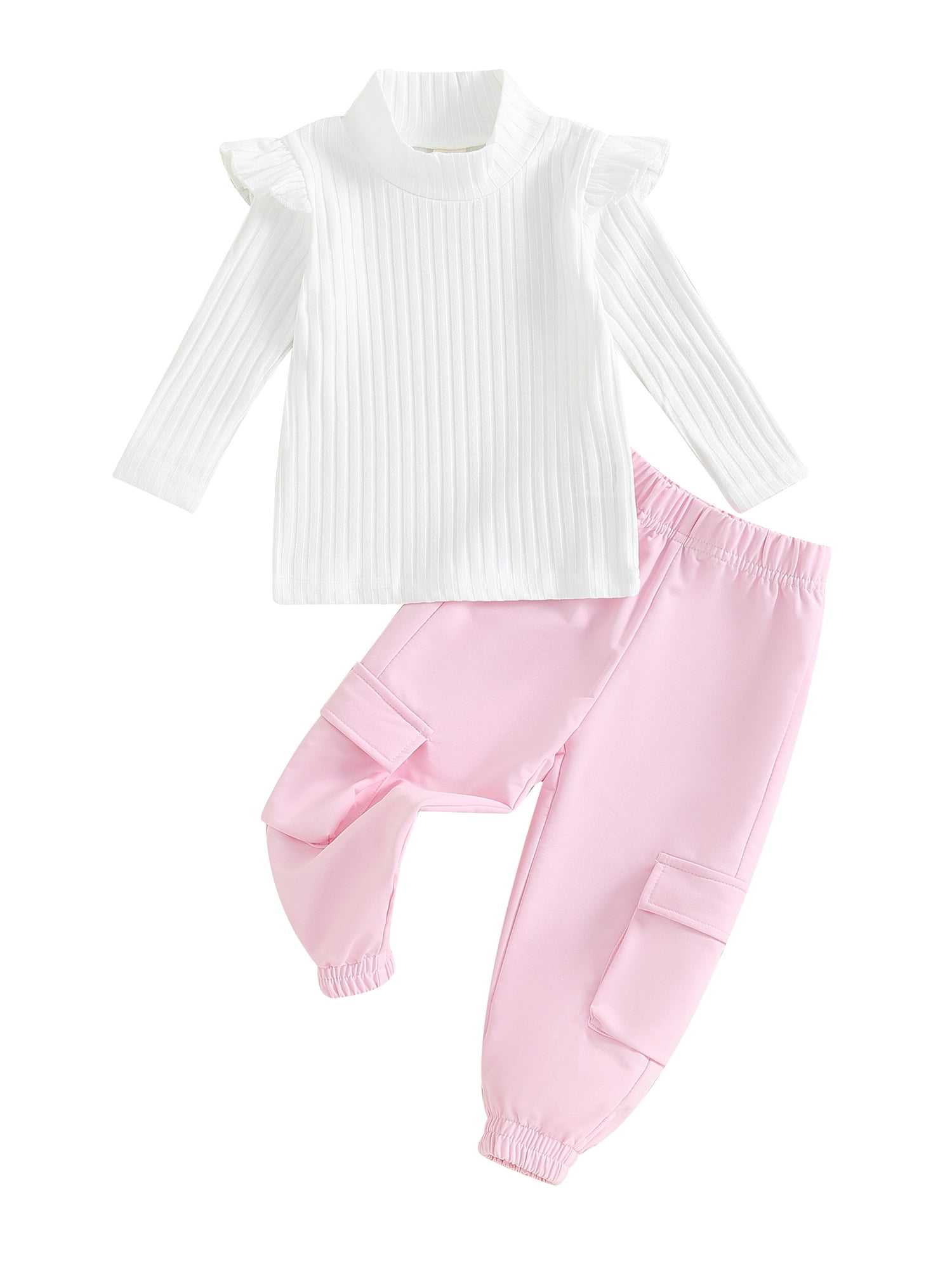 Bagilaanoe 3pcs Toddler Baby Girl Pants Set Long Sleeve Ruffle Tops +Pink Cargo Pants 6M 12M 2T ...