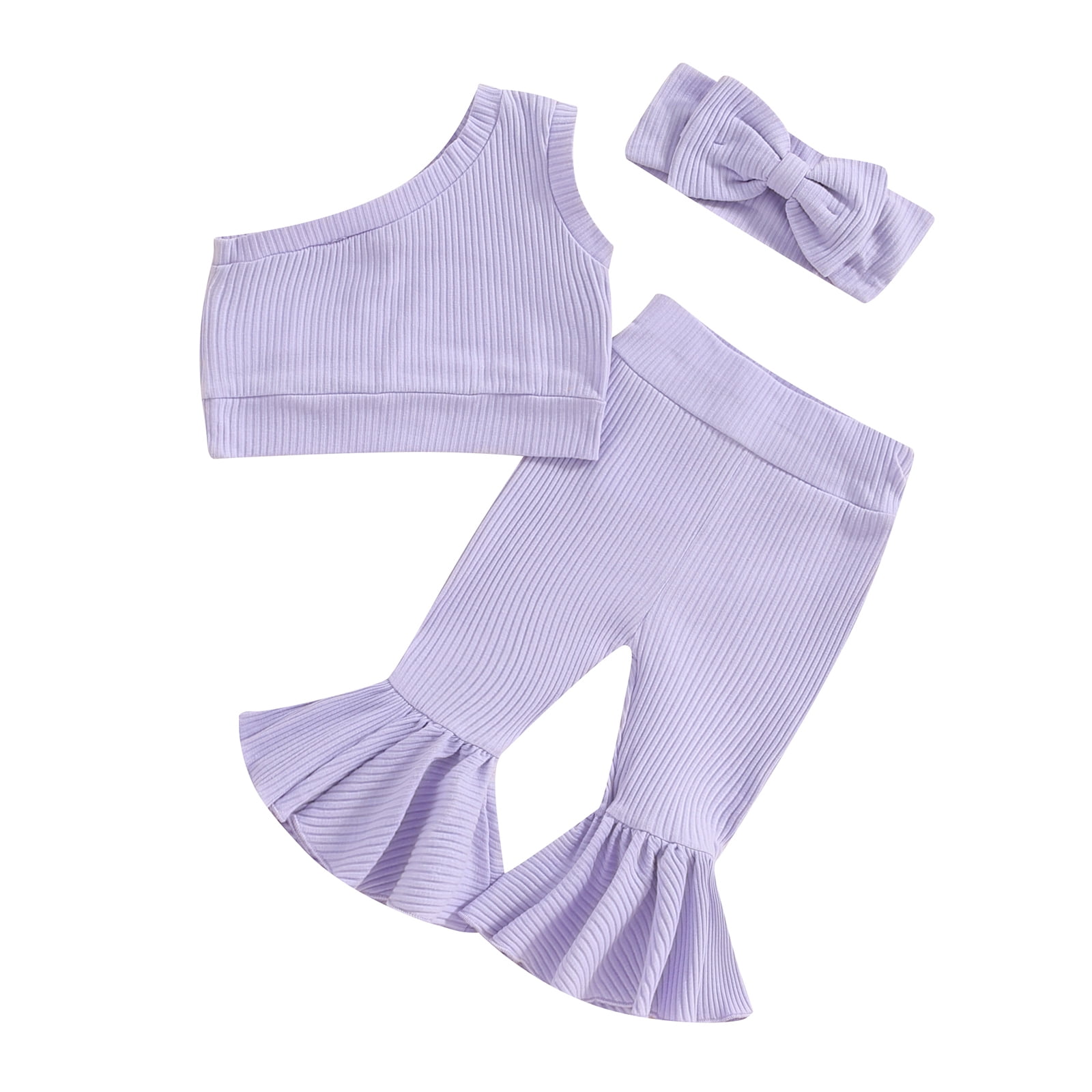 Bagilaanoe 3pcs Toddler Baby Girl Pants Set One Shoulder Ribbed Tops + Flare Trousers + Headband ...